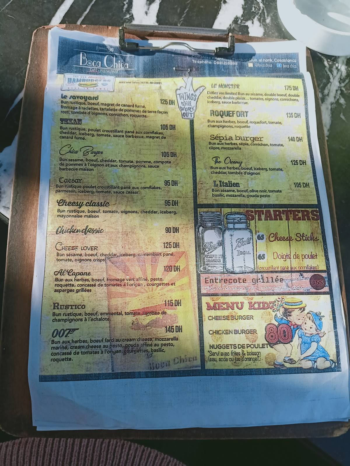 Menu au Boca Chica restaurant, Casablanca