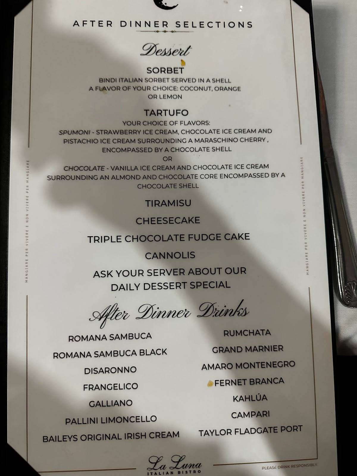 Menu at La Luna Italian Bistro & Bar, Boca Raton
