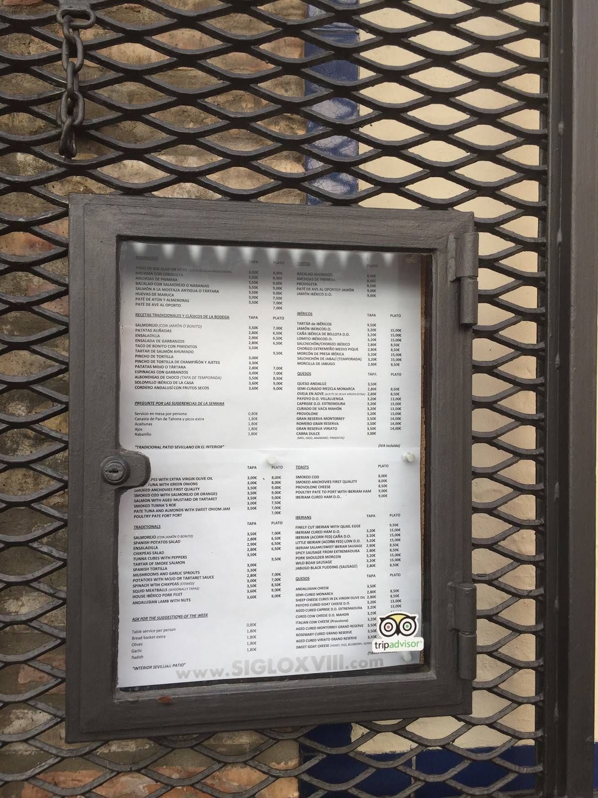 Menu at Bodega Siglo XVIII pub & bar, Seville, Pelay Correa