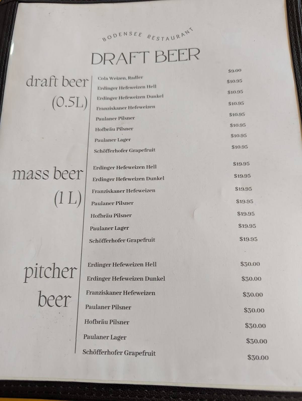 Menu at Bodensee restaurant, Helen, 64 Munich Strasse