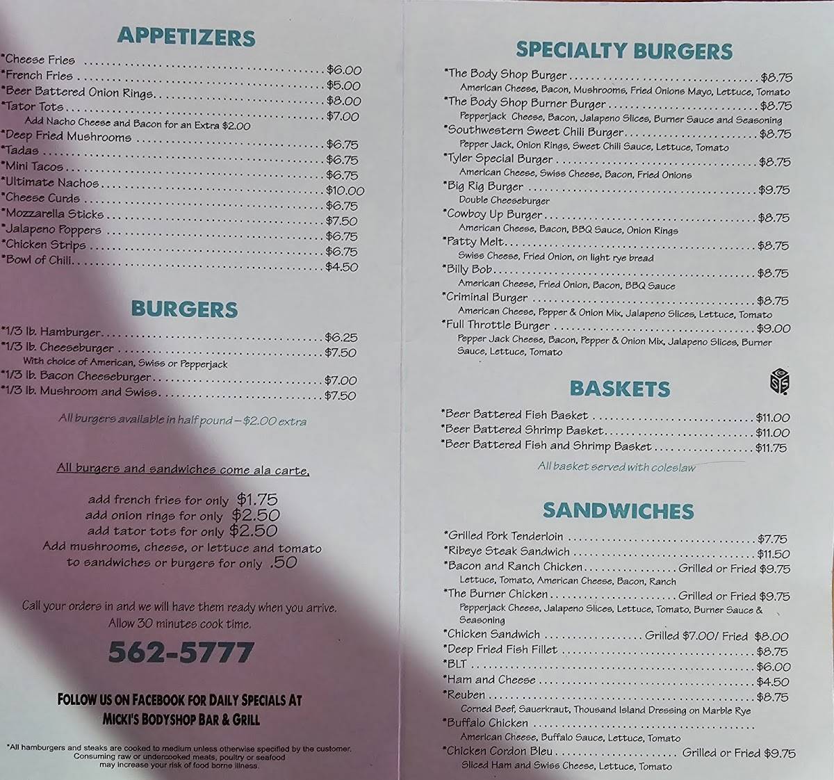 Menu at Micki's Bodyshop Bar & Grill, New Lisbon