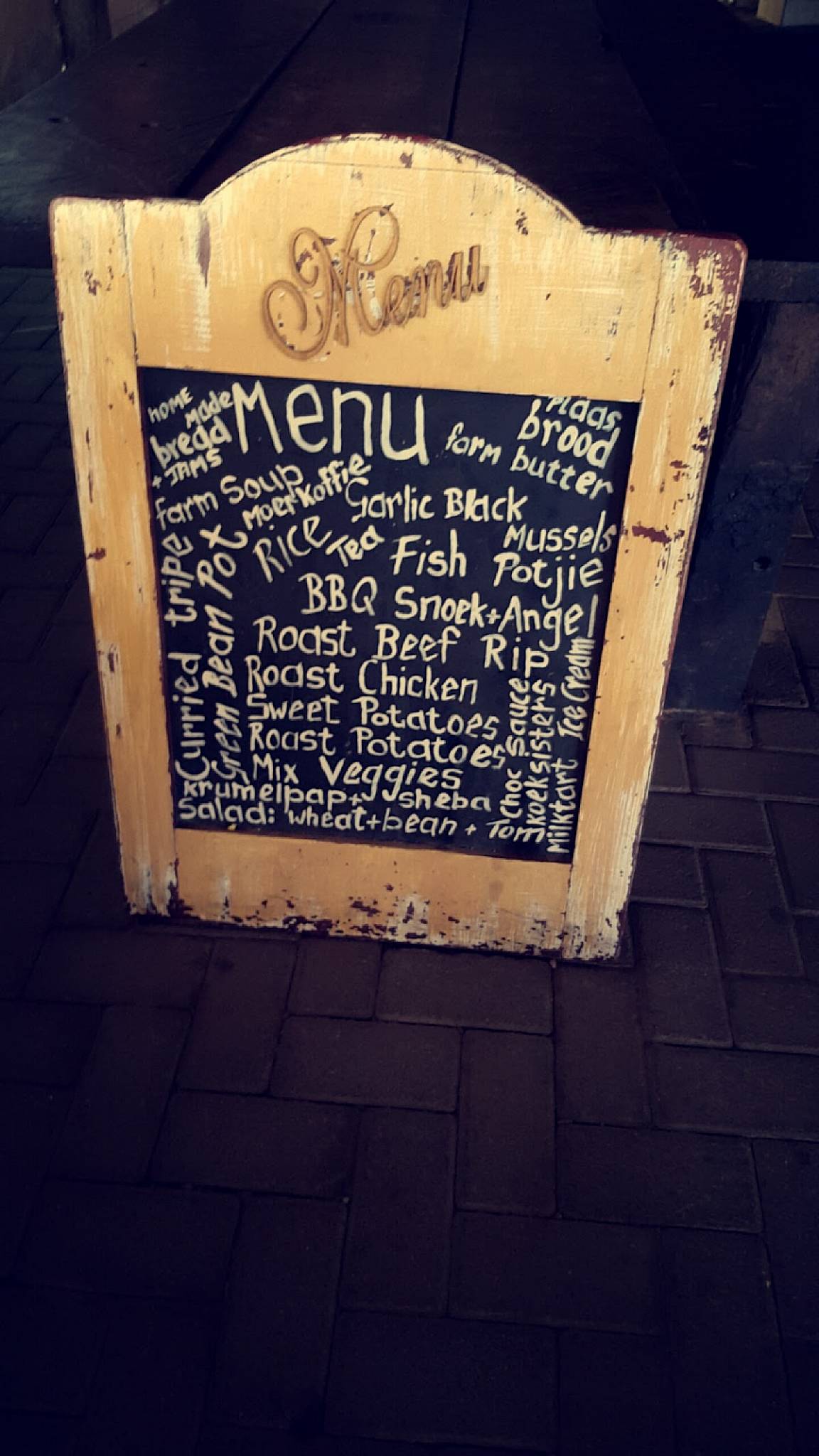 Menu at Boesmanland Plaaskombuis restaurant, Langebaan, Langebaan