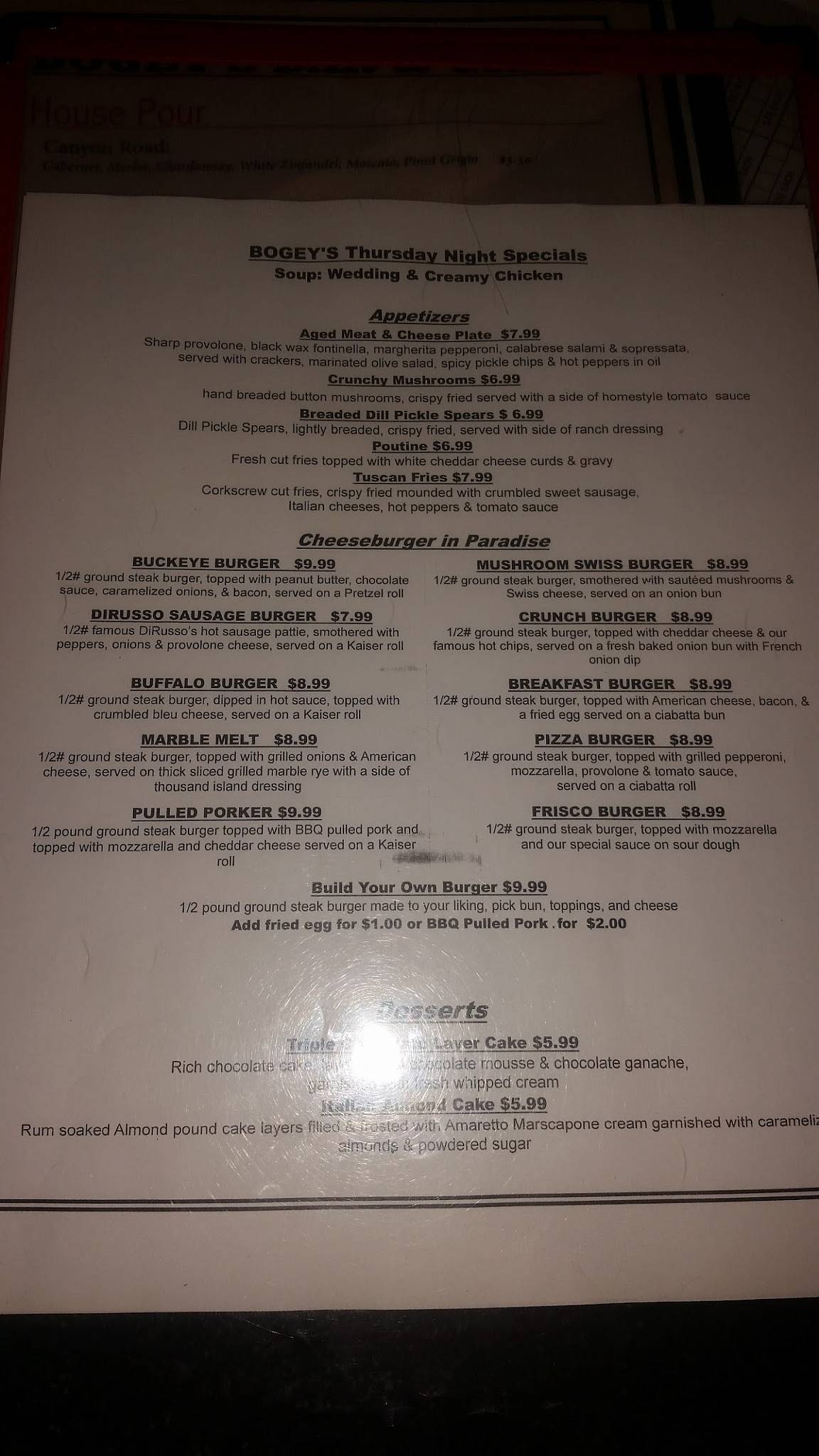 Menu at Bogey's Bar & Grill, Lowellville, Upland Ave
