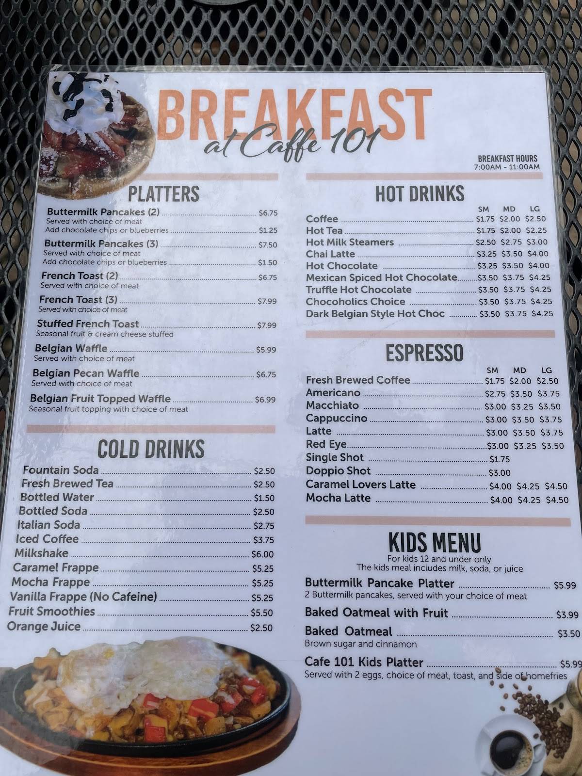 Menu at Caffe 101 cafe, Boiling Springs, 101 Front St