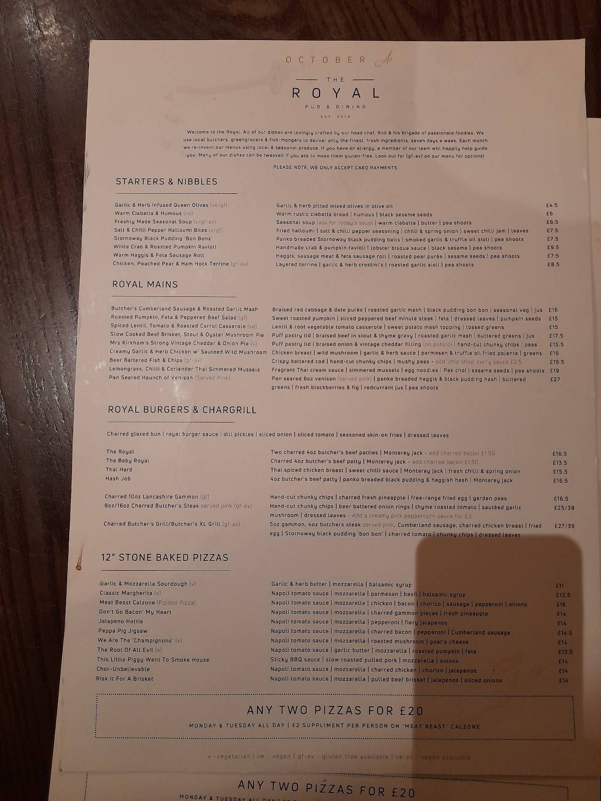 Menu at Royal Hotel pub & bar, Carnforth, 27 Main Rd