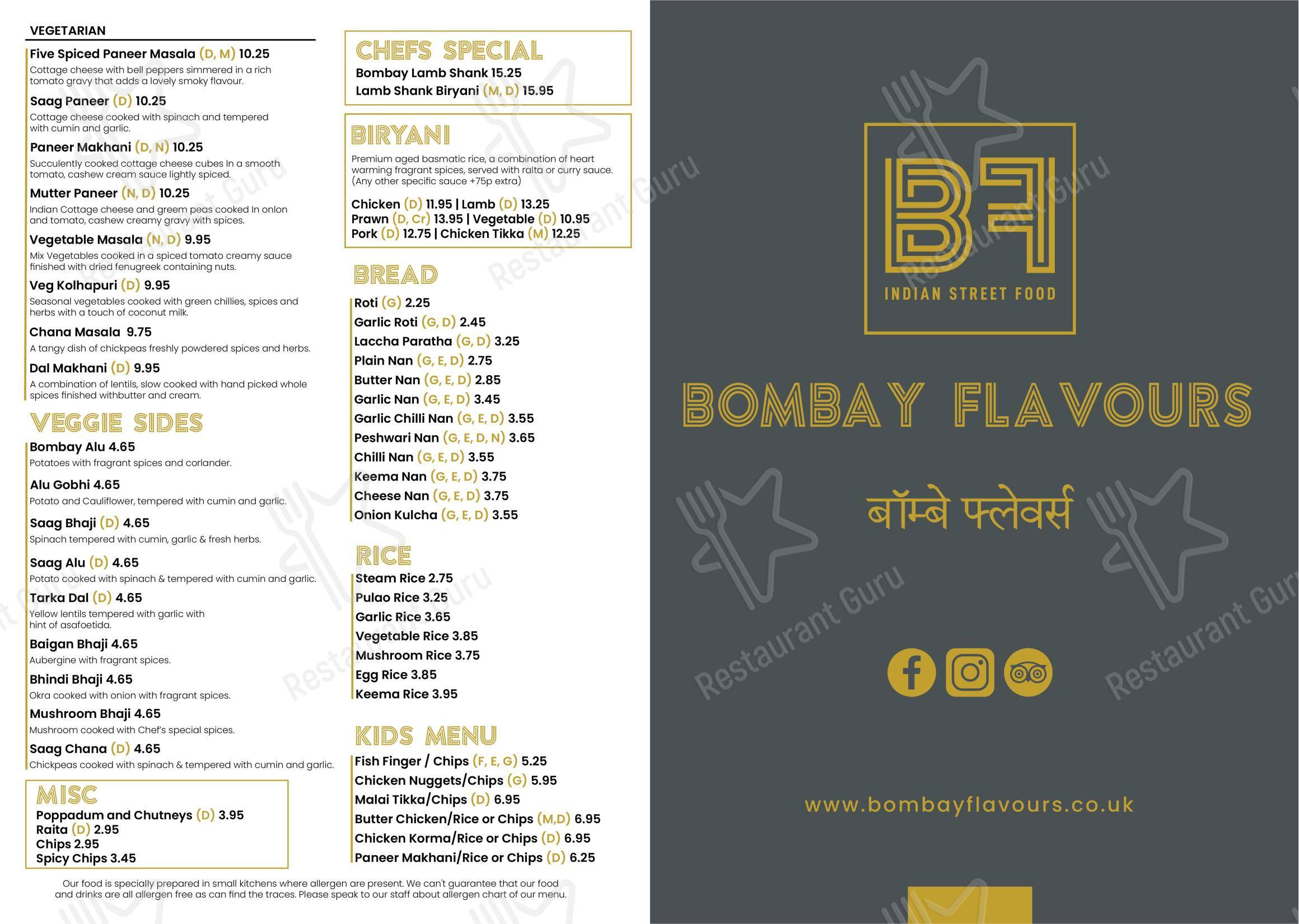 Menu at Bombay Flavours restaurant, Macclesfield