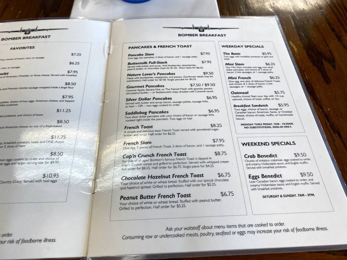 Menu at Bomber Restaurant, Ypsilanti