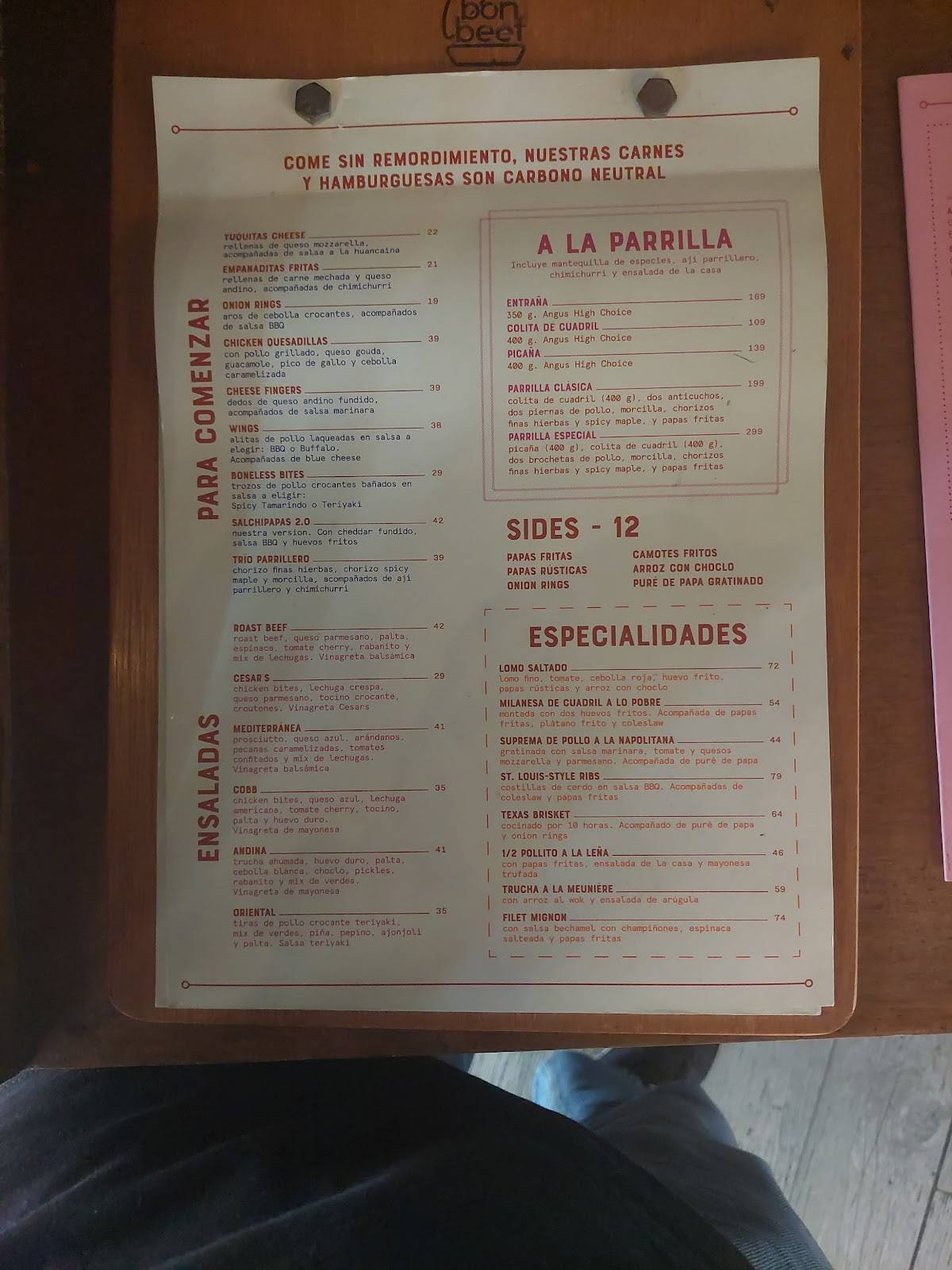 Carta del pub y bar Bon Beef Patio Panorama (Surco), Santiago del Surco ...