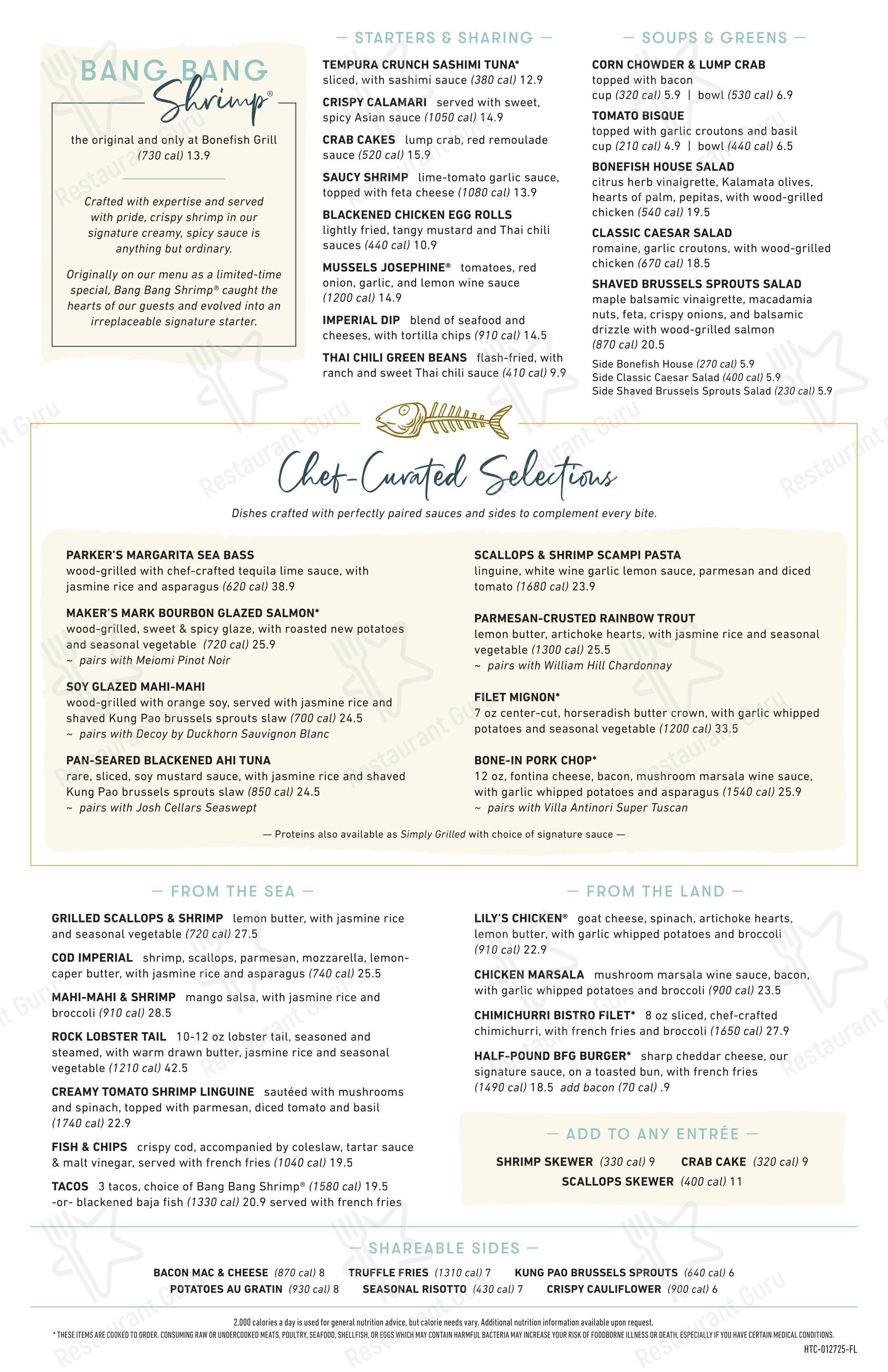 Menu at Bonefish Grill restaurant, The Villages