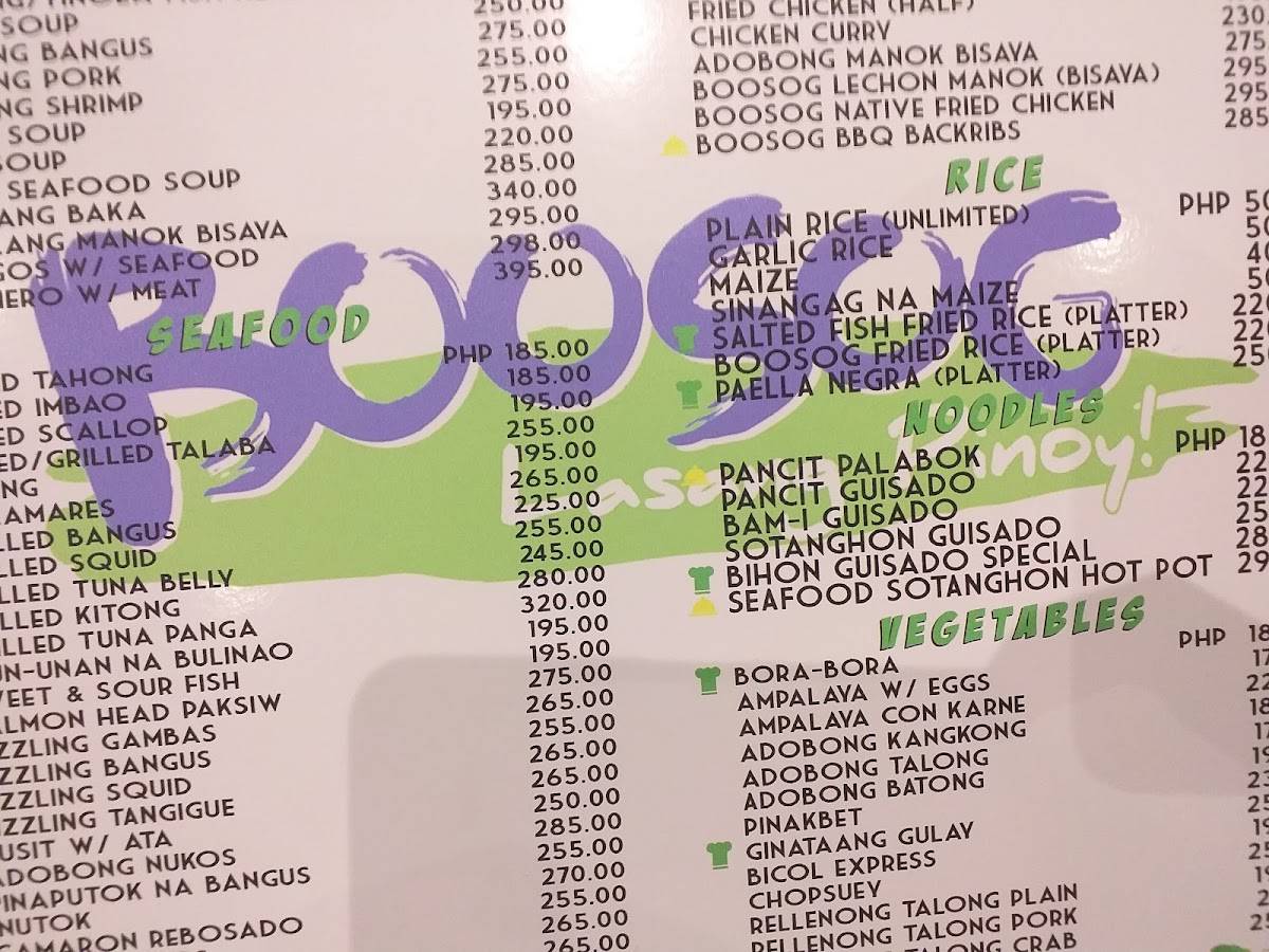 Menu at Boosog restaurant, Cebu City, The Greenary
