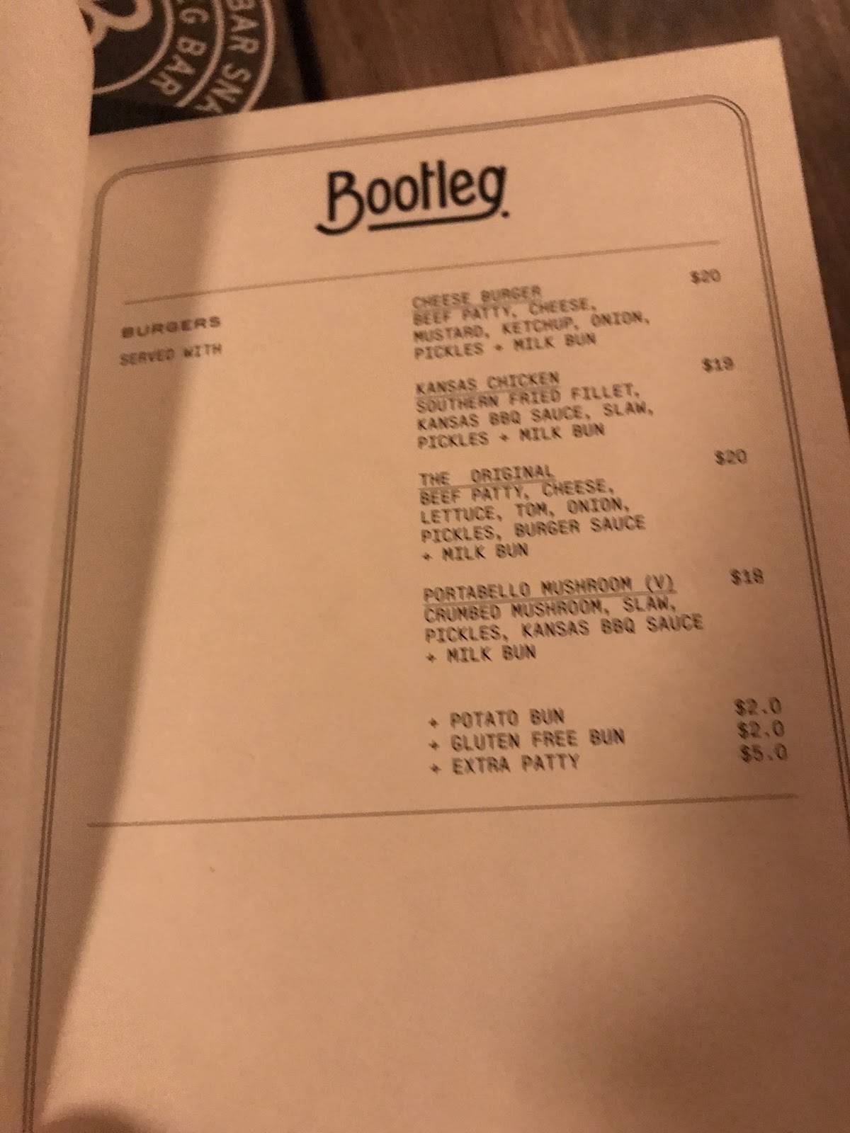 Carta de Bootleg Bar, Canberra
