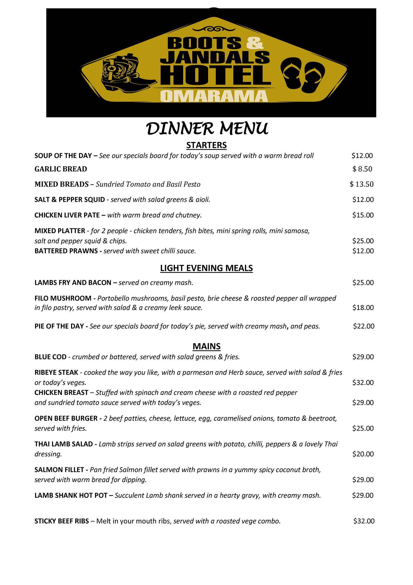 Menu at Boots and Jandals restaurant, Omarama