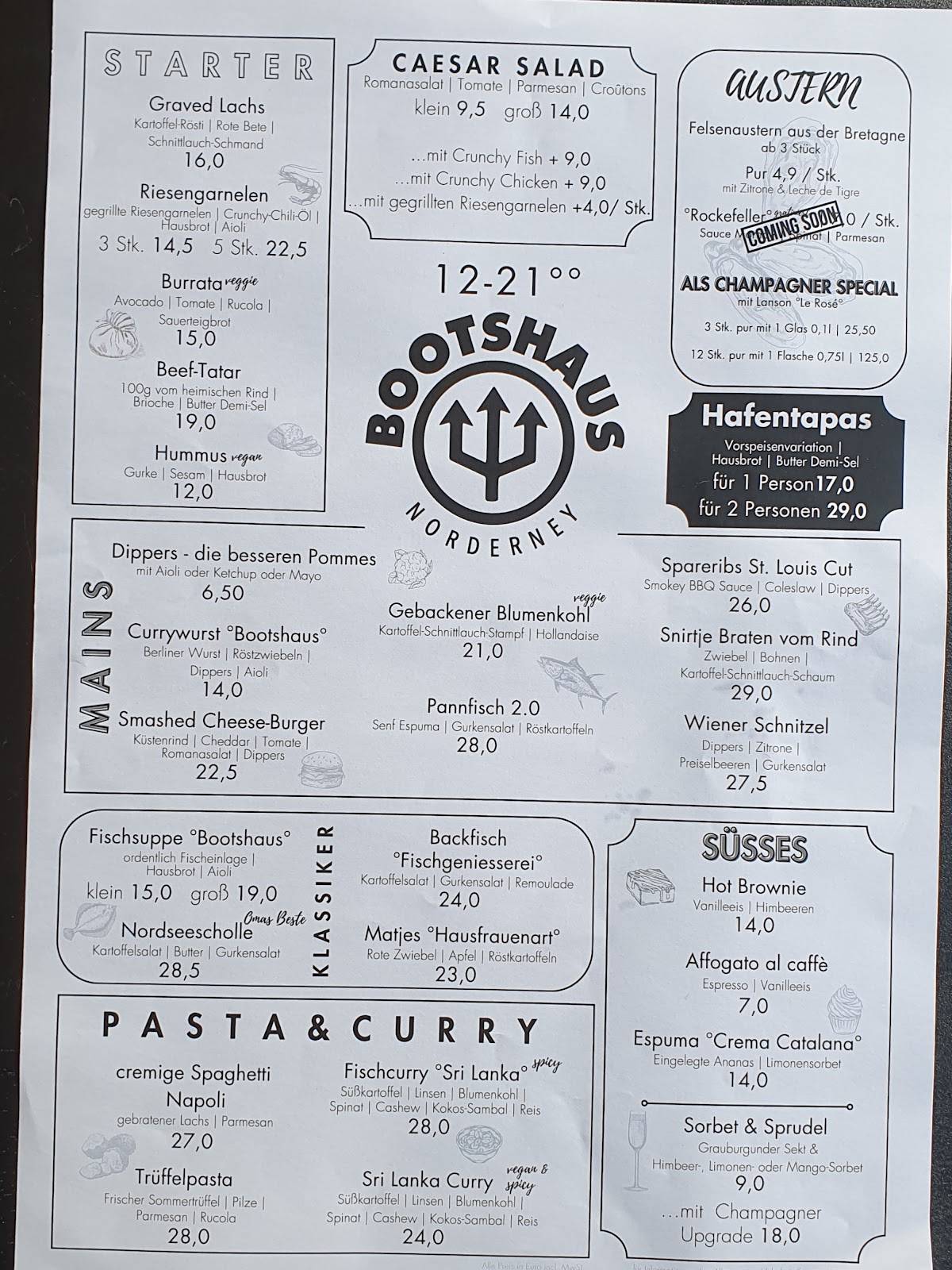 Speisekarte von Bootshaus Norderney cafe, Norderney