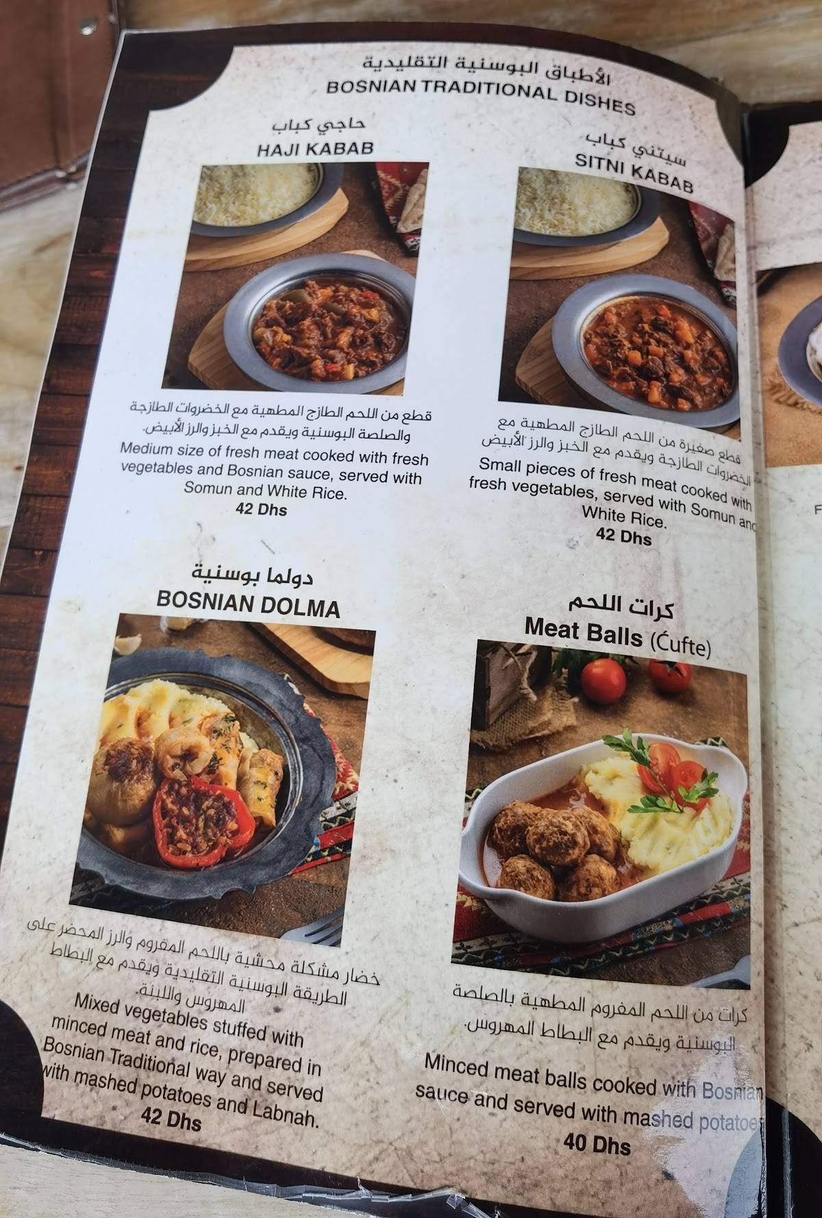 Menu at Bosnian Hut Restaurant, Abu Dhabi