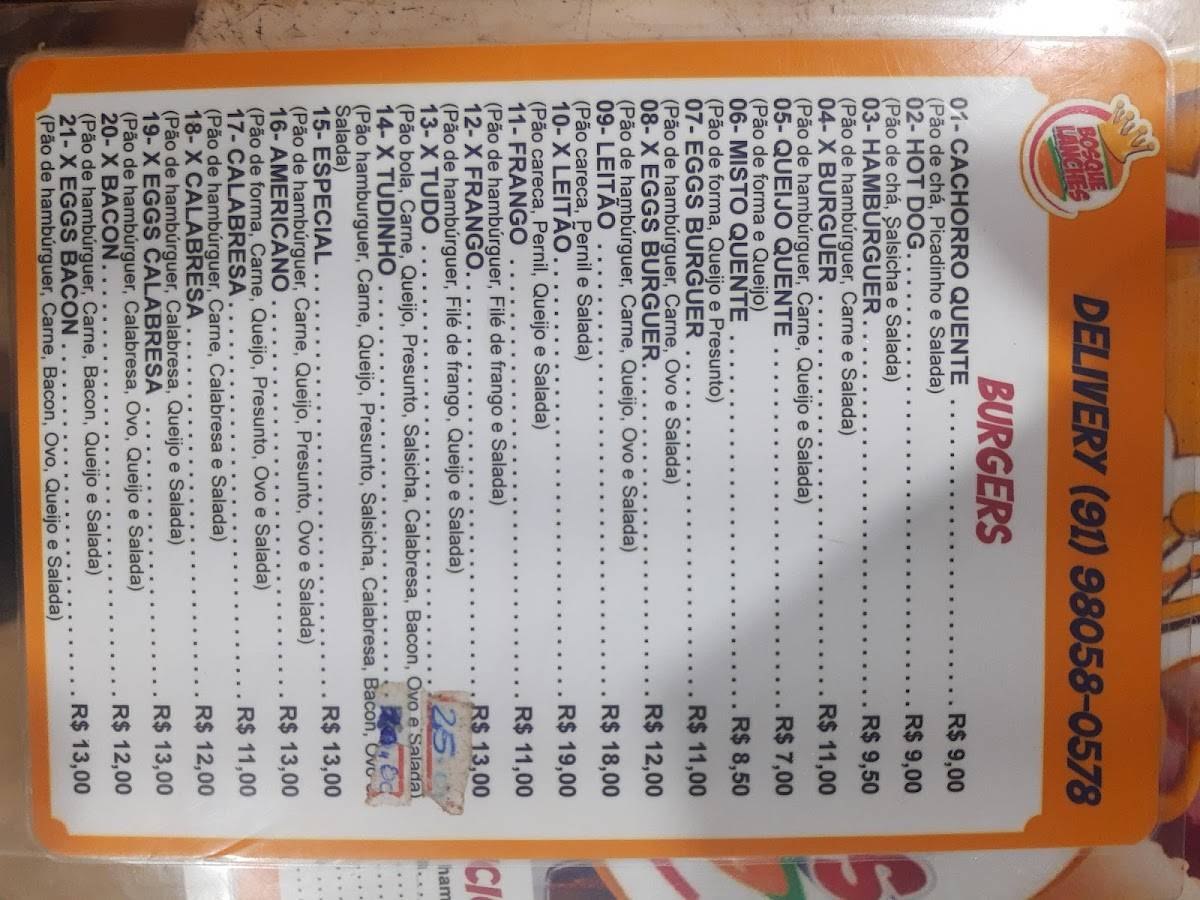 Menu at Bosque Lanches restaurant, Belém