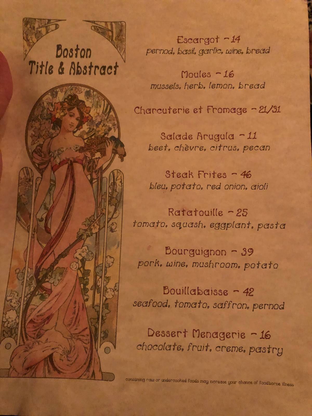 Menu at Boston Title & Abstract pub & bar, Tulsa