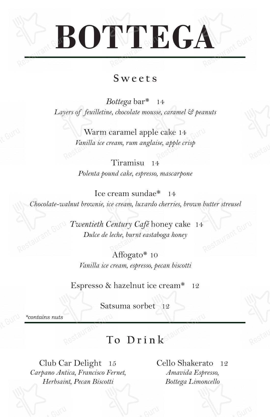 Menu at Bottega restaurant, Birmingham, Highland Ave