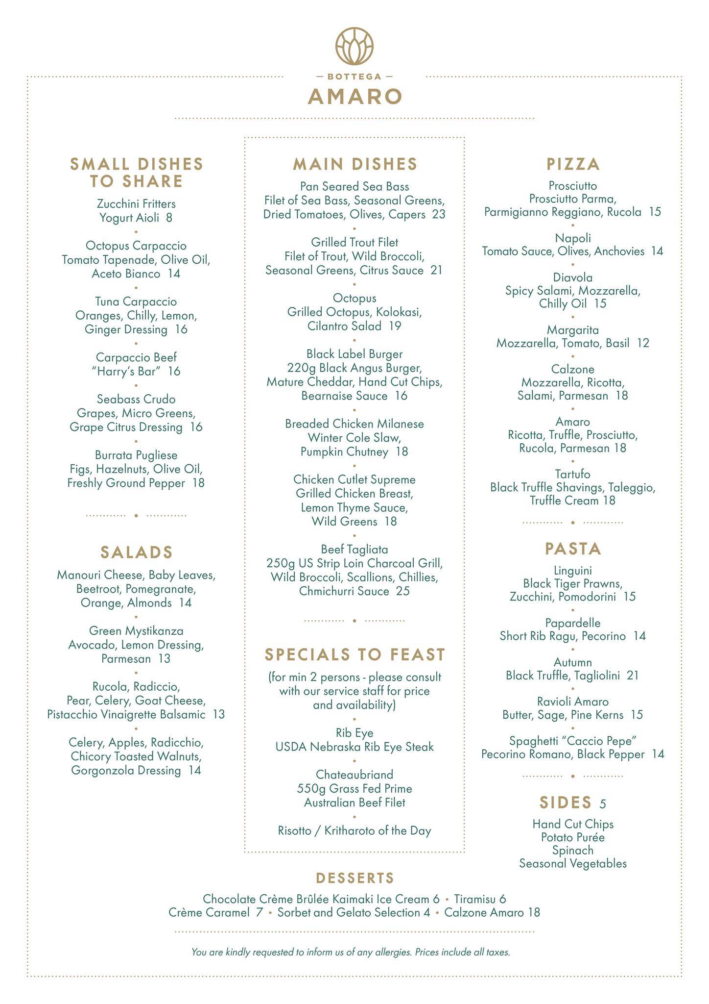 Menu at Bottega Amaro, Nicosia