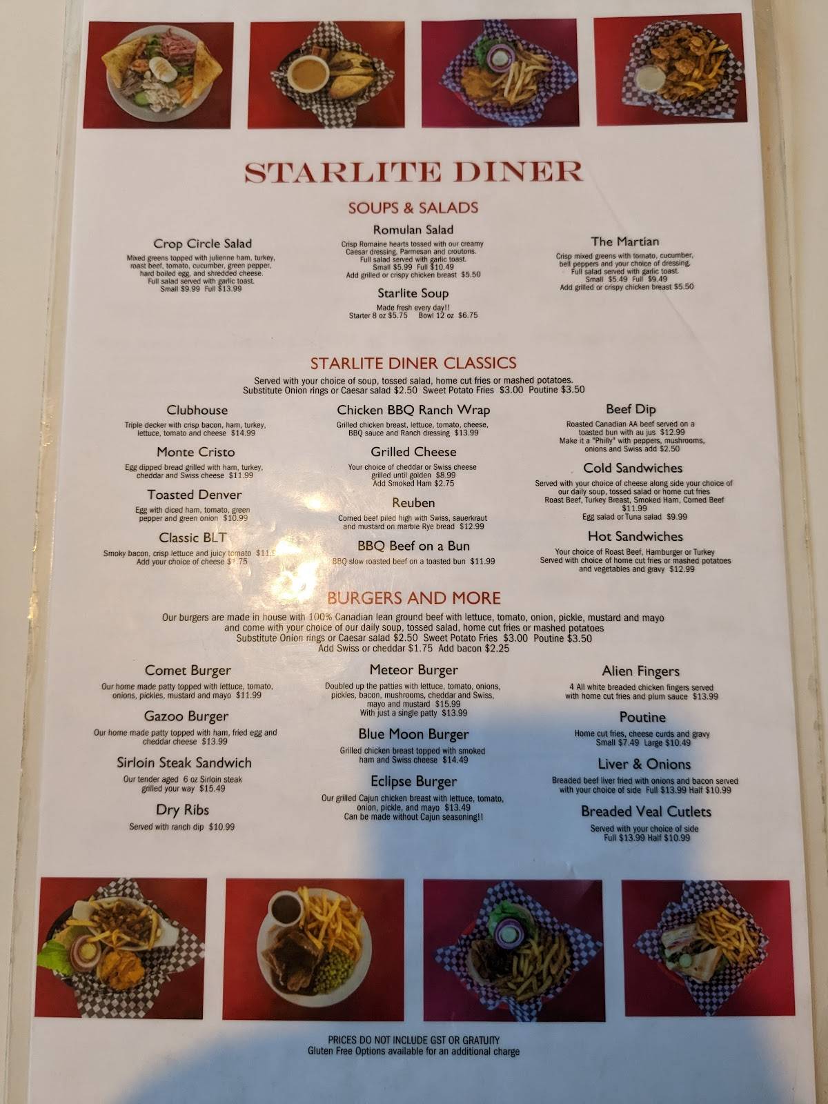 Menu at Starlite Diner Car restaurant, Bowden