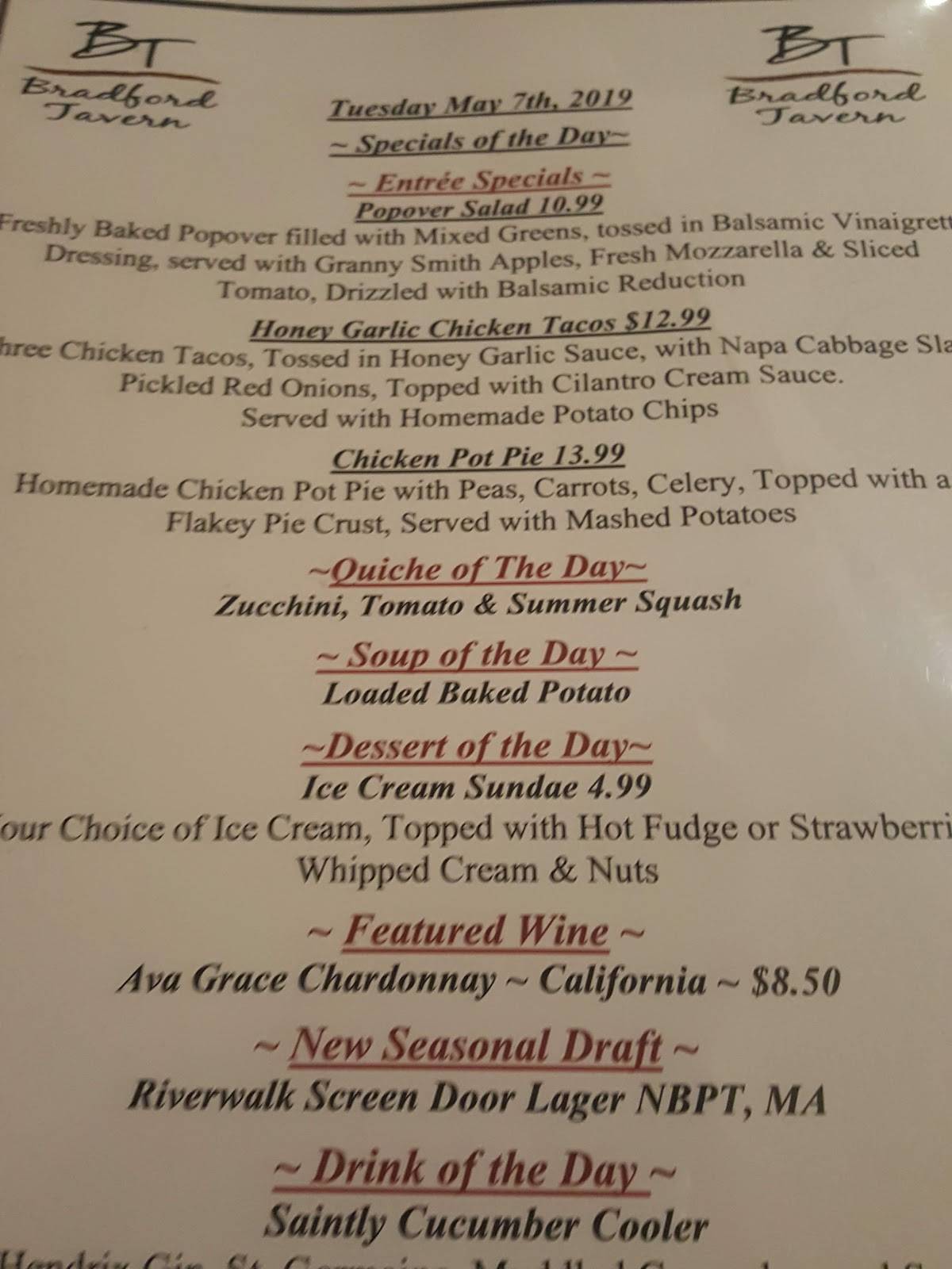 Menu at Bradford Tavern restaurant, Rowley, 87 Haverhill St