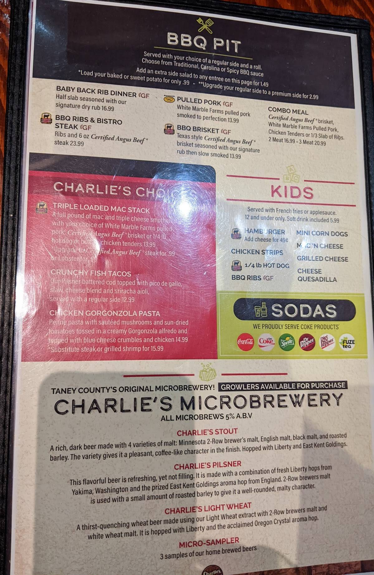 Menu at Charlie's Steak, Ribs & Ale steakhouse, Branson