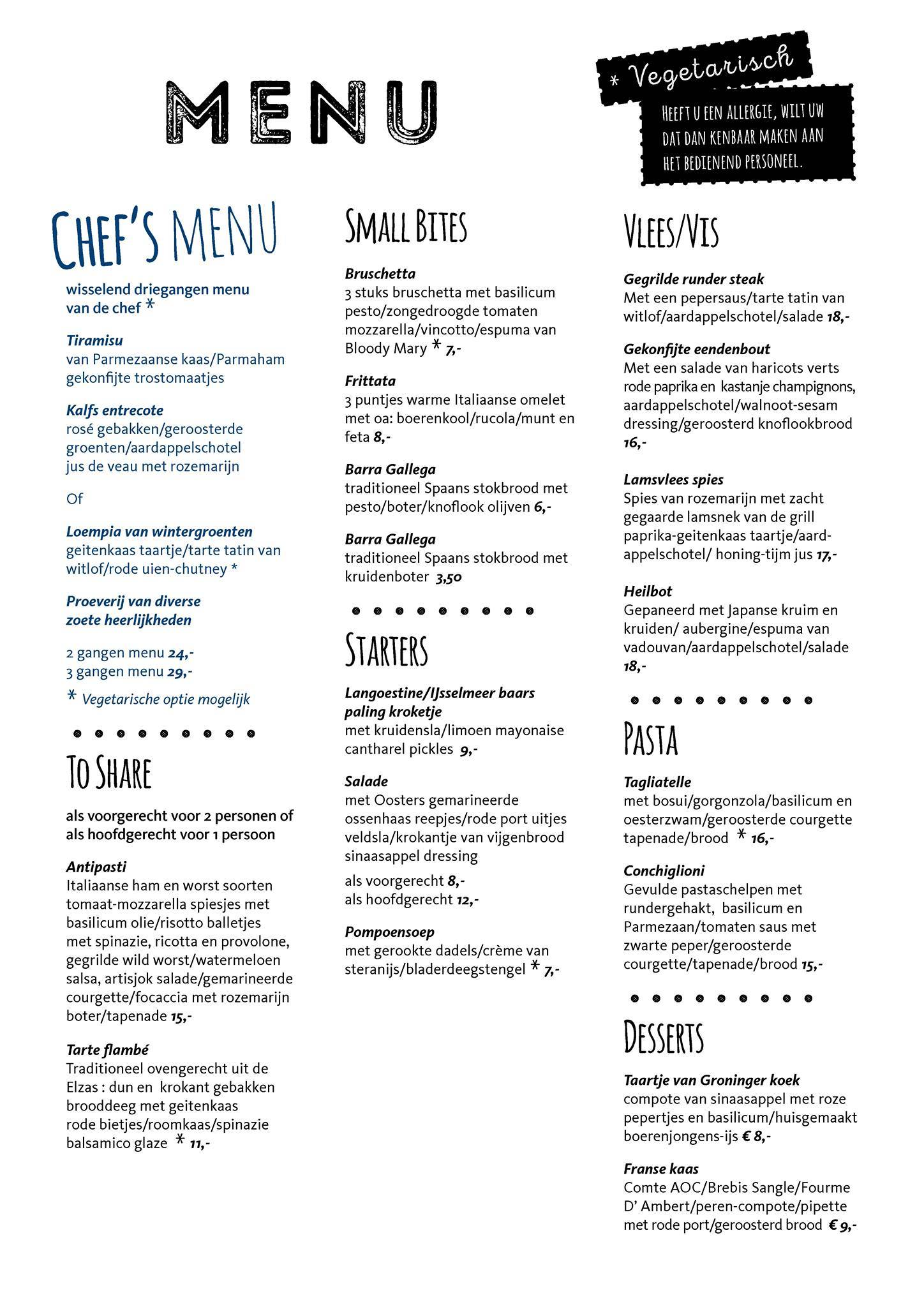 Menu at Brasserie Tromp, Groningen