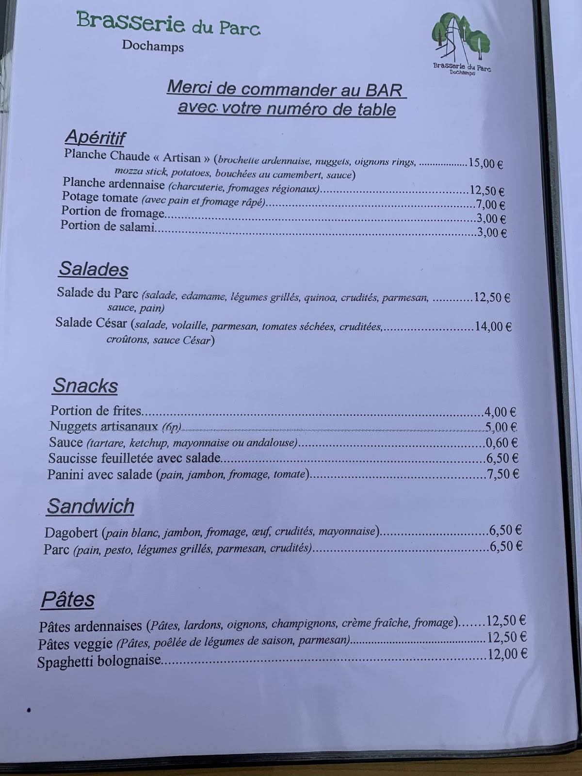 Menu au Brasserie du Parc, Manhay