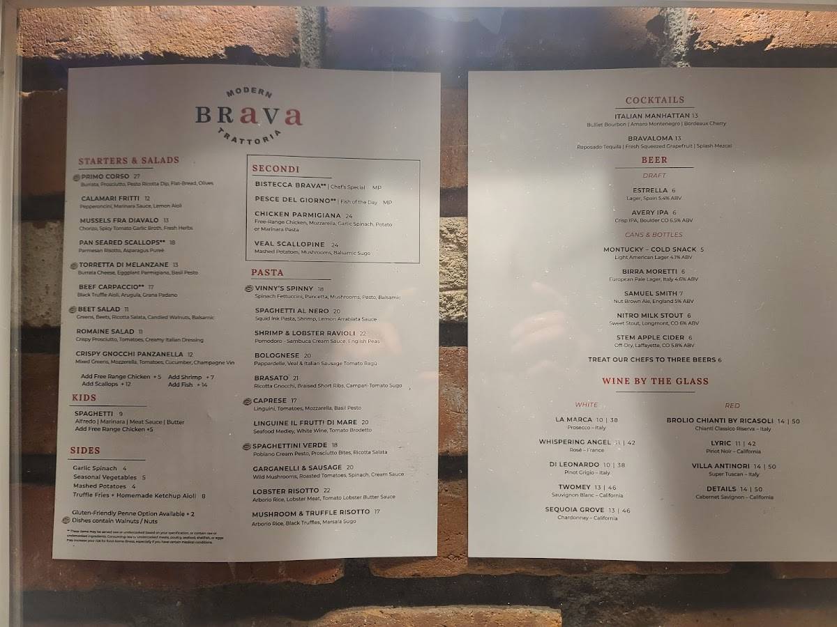 Menu at Brava Modern Trattoria restaurant, Glenwood Springs