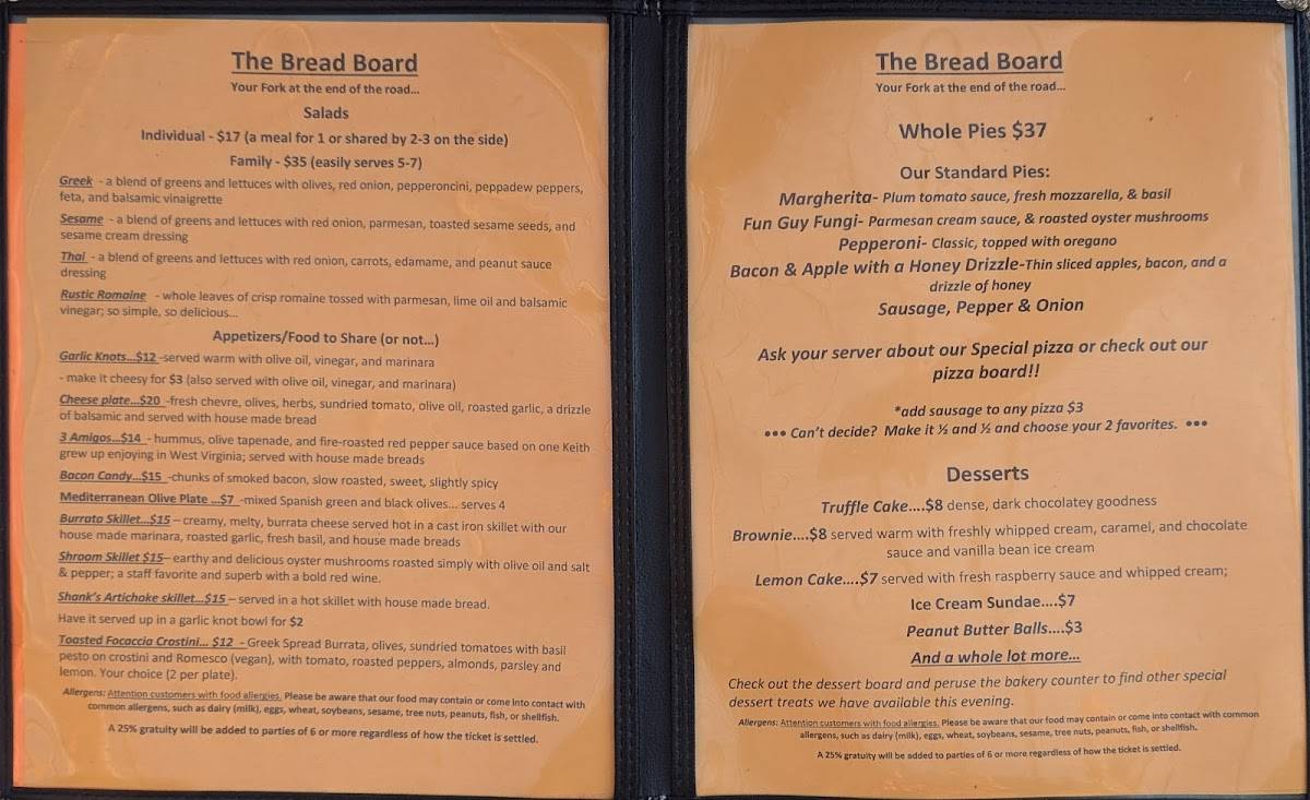 Menu at Bread Board pizzeria, Falls City