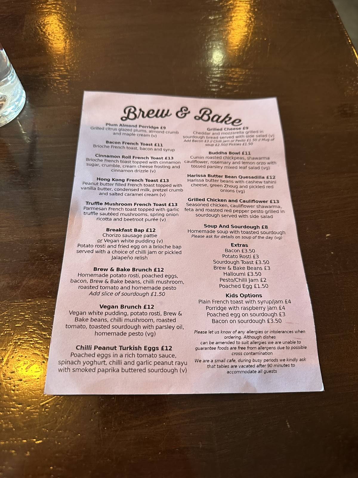 Menu at Brew & Bake cafe, Belfast