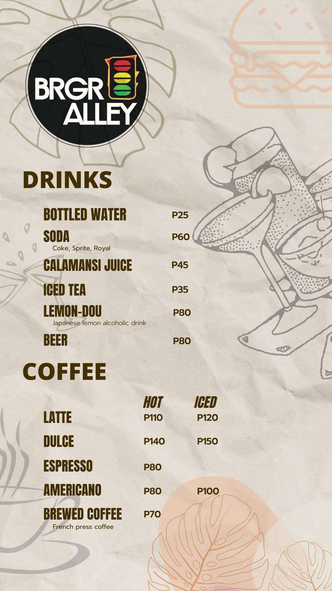 Menu at BRGR Alley Café restaurant, Davao City