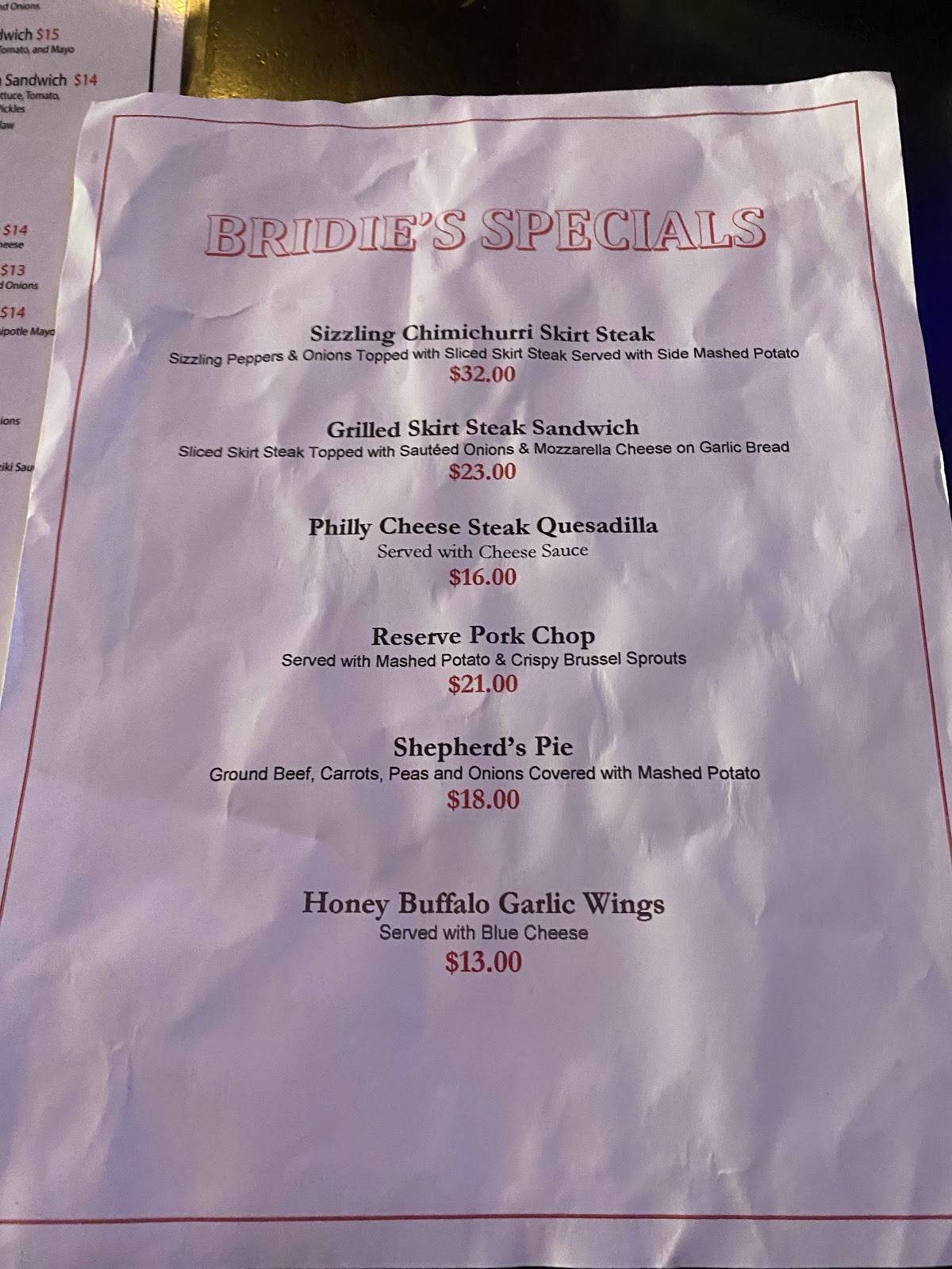 Menu at Bridie's Grill Room pub & bar, New York City