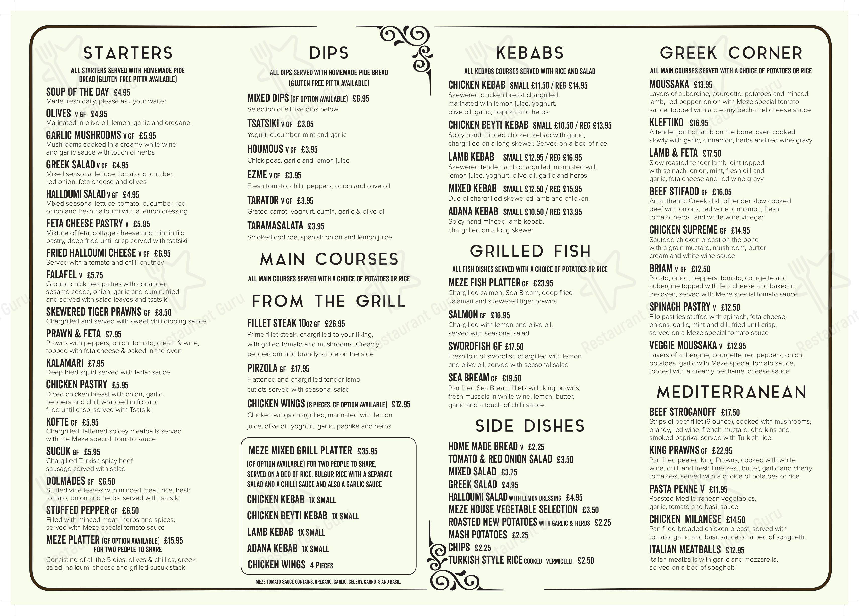 Menu at Meze restaurant, Brighouse