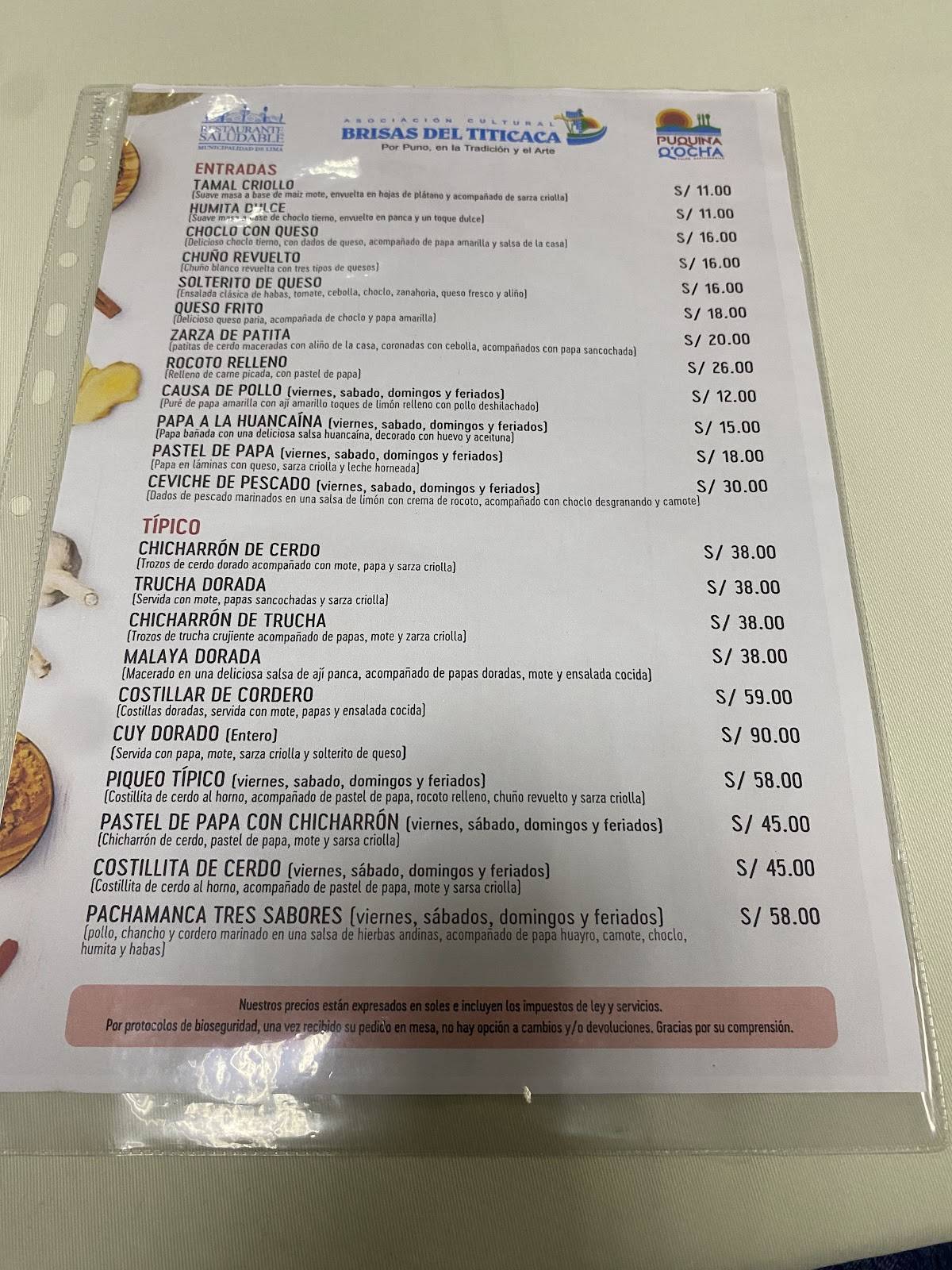 Carta del restaurante Brisas del Titicaca Asociación Cultural, Lima