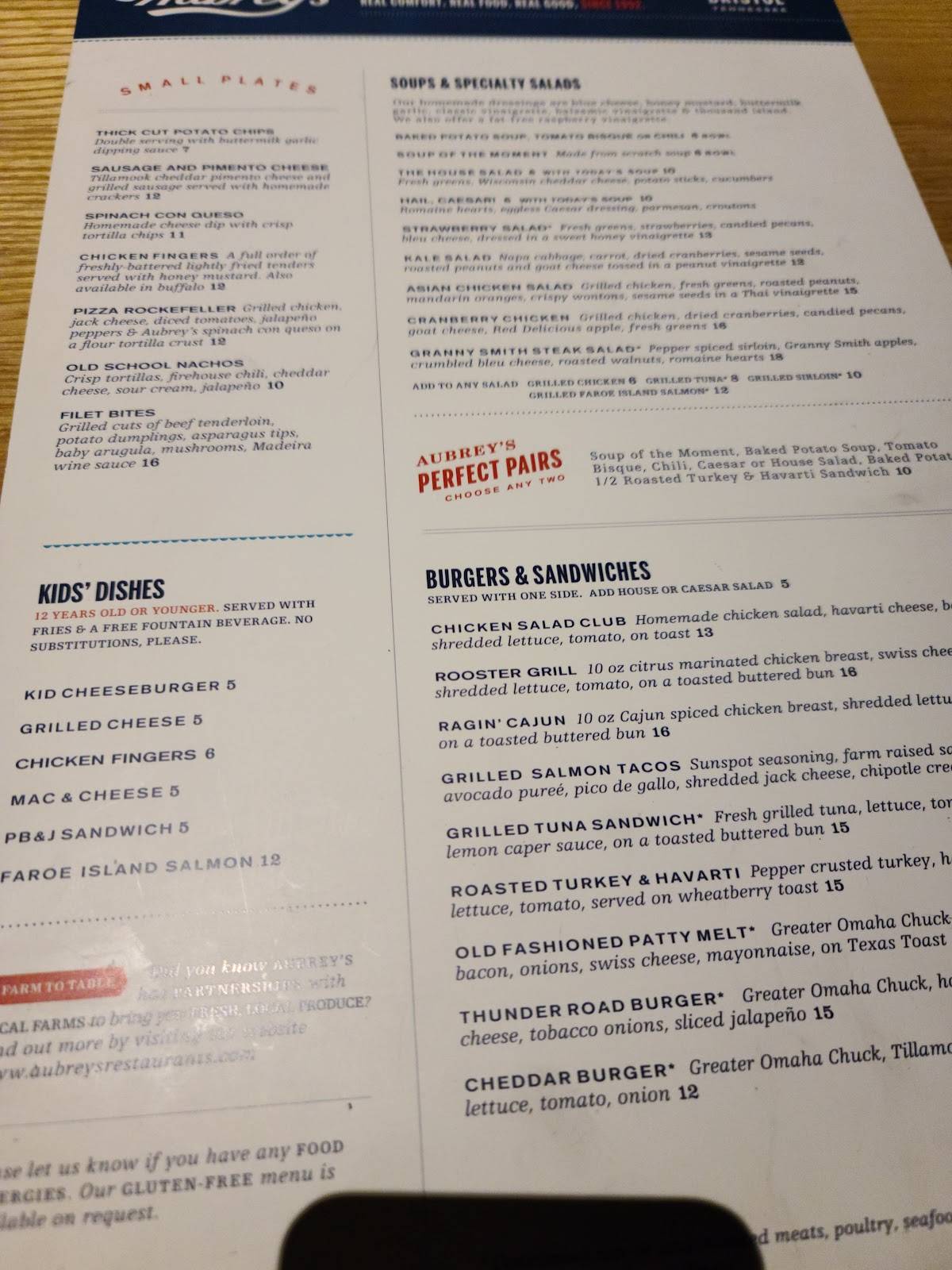 Menu at Aubrey's restaurant, Bristol