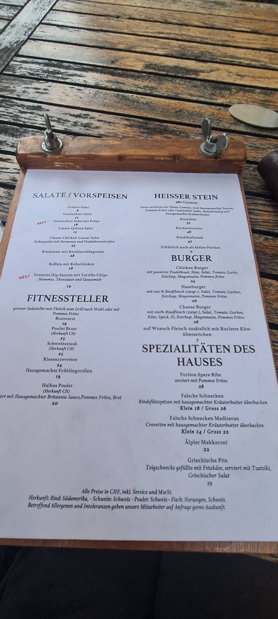 Menu au Britannia Pub, Brig