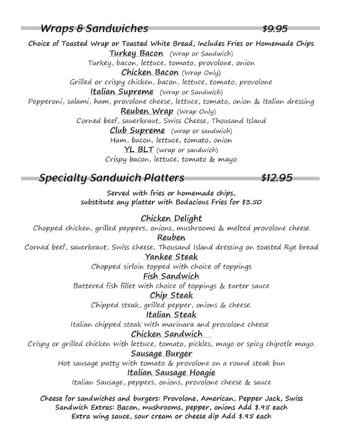 Menu at Yankee Lake restaurant, Yankee Lake