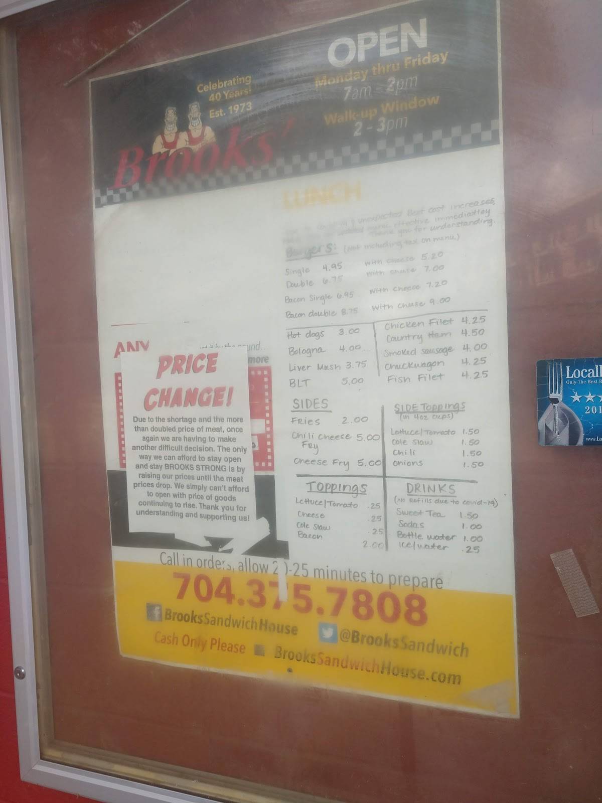 Menu at Brooks' Sandwich House restaurant, Charlotte