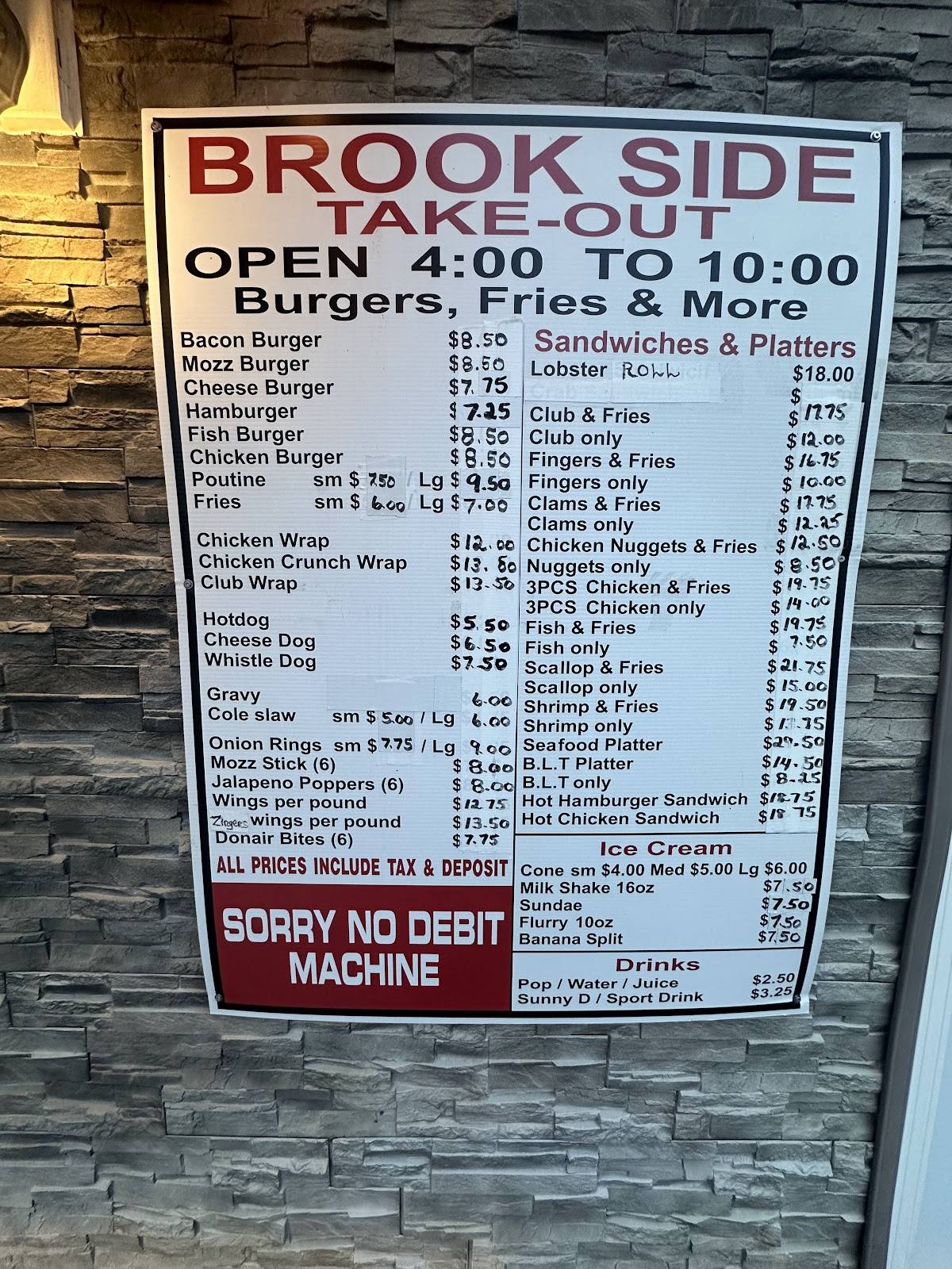 Menu at Brookside Take Out restaurant, Ingonish