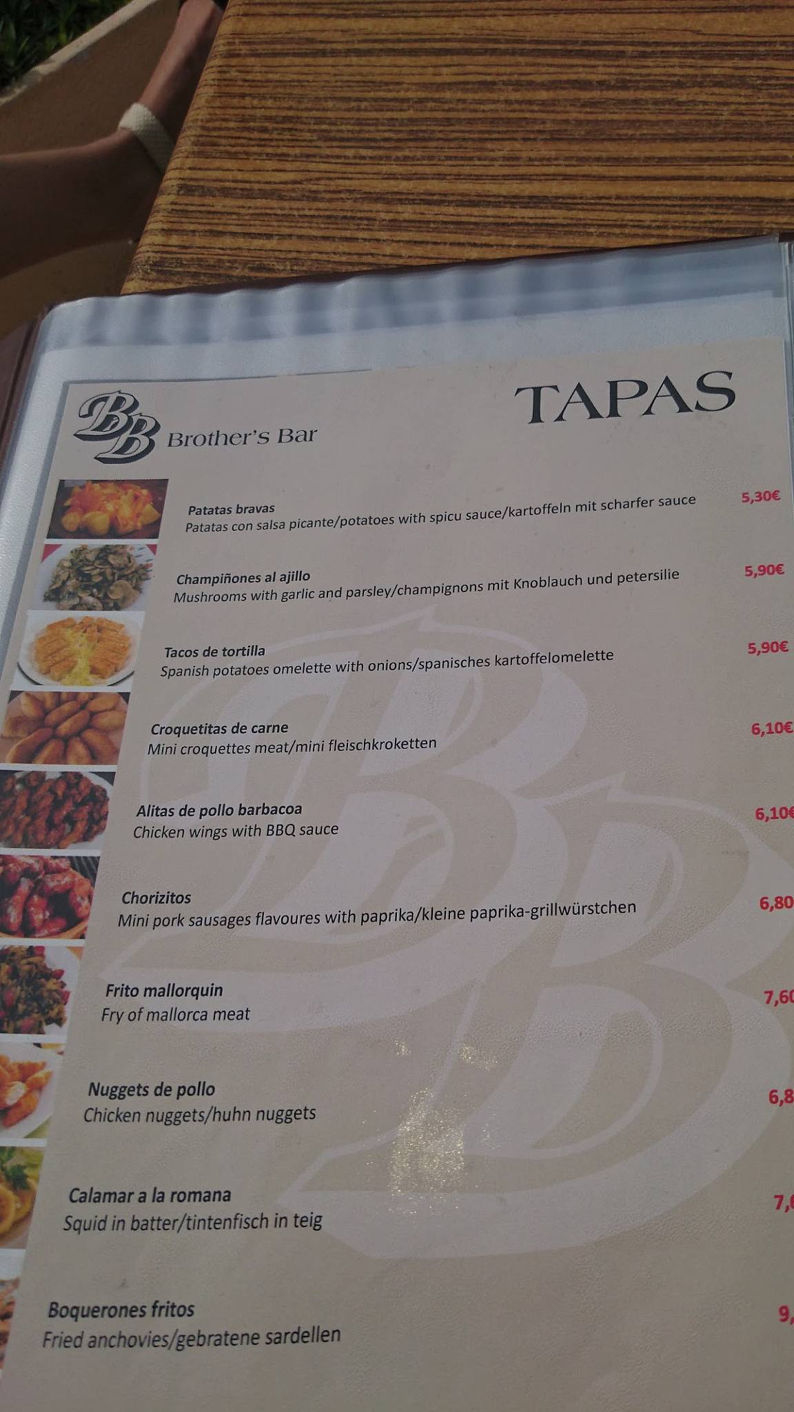 Menu at Brothers Bar, Port de Sóller