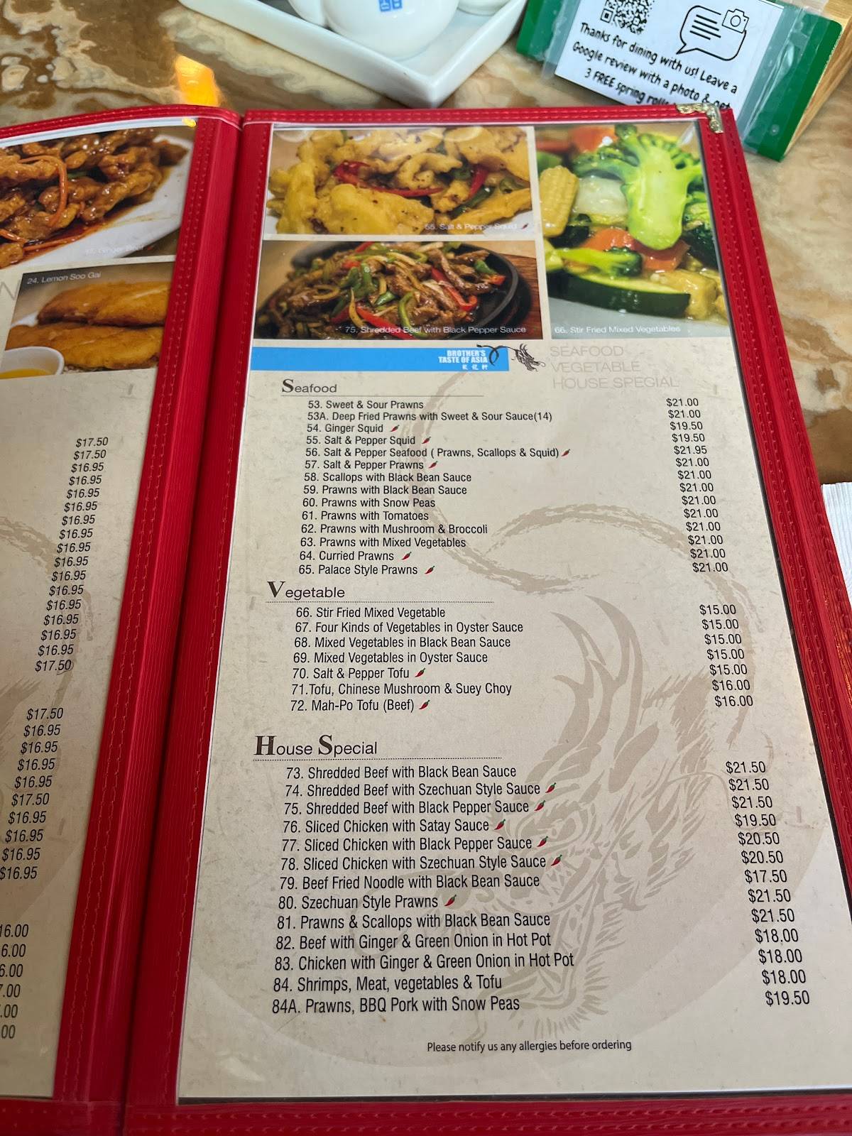 Menu at Brothers Taste of Asia restaurant, Calgary