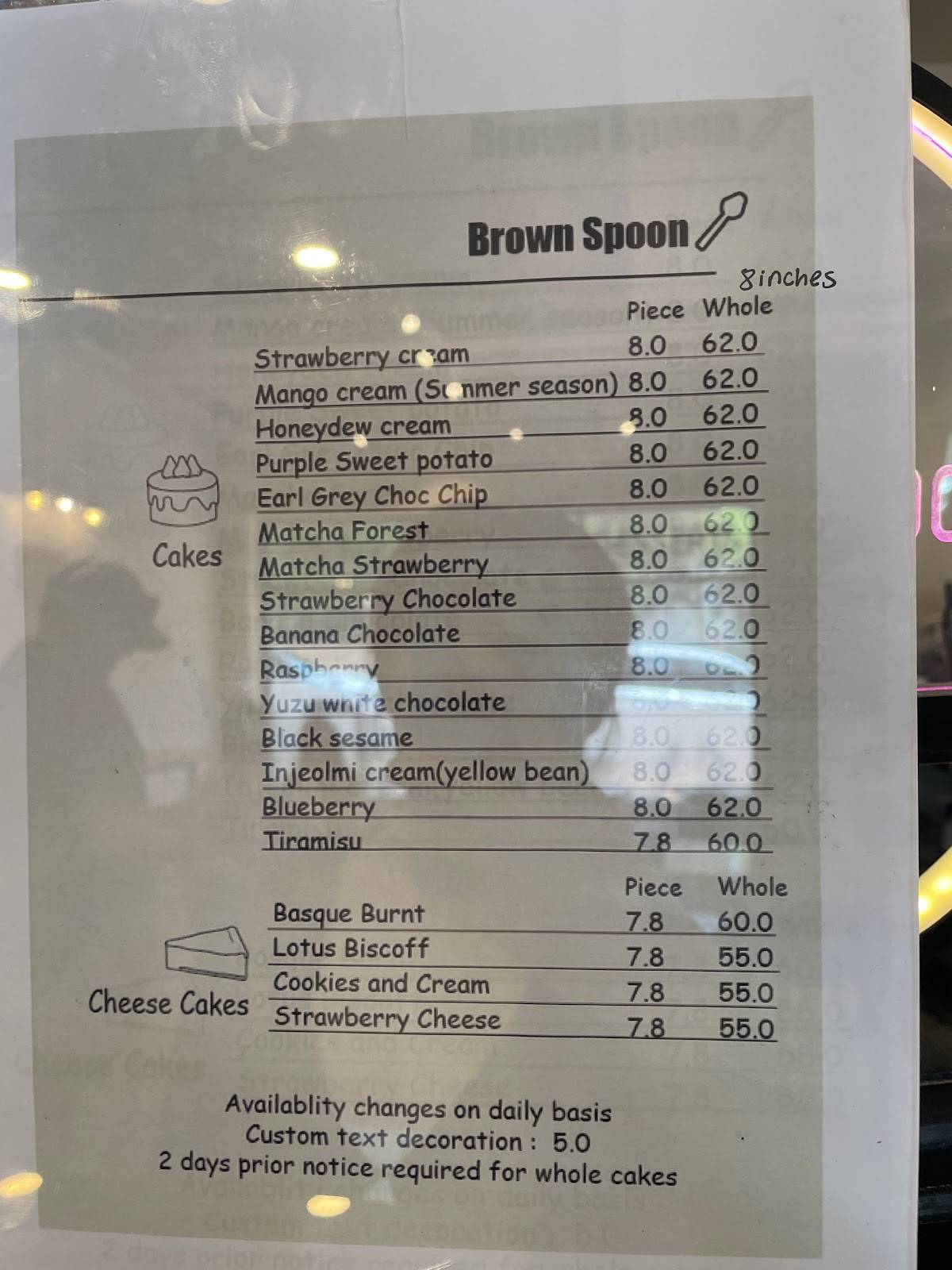 Menu at Brown Spoon Victoria Park cafe, Victoria Park