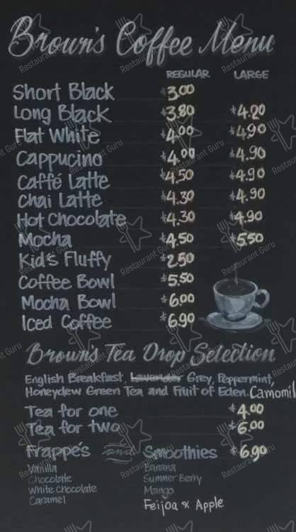 Menu at Browns cafe, Auckland, 287F St Heliers Bay Road
