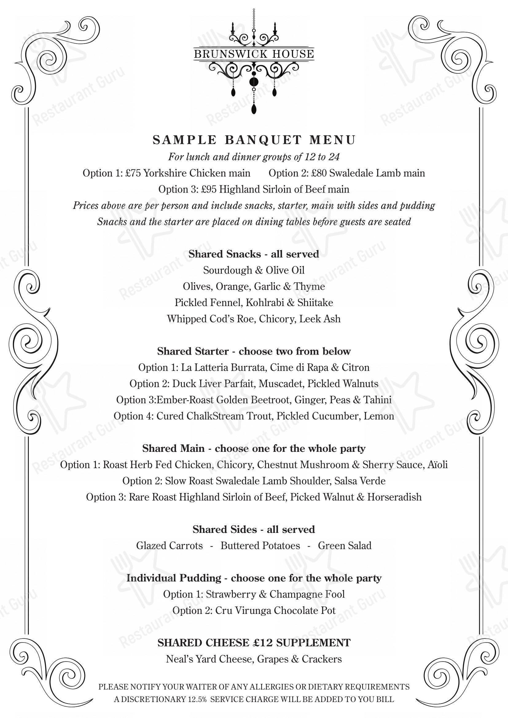 Menu at Brunswick House pub & bar, London