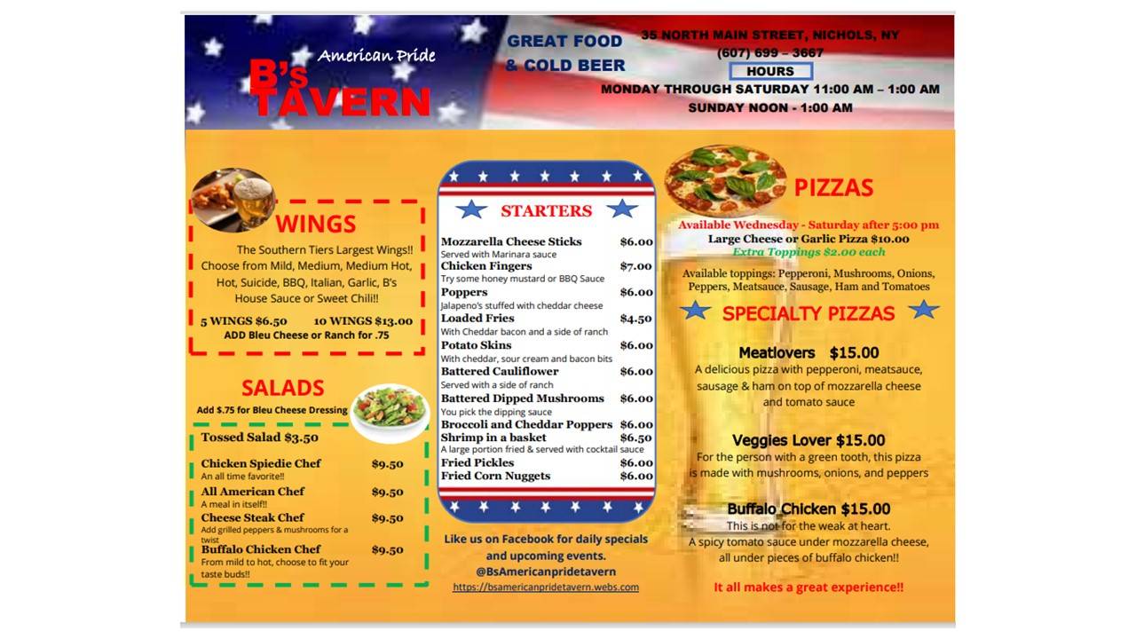 Menu at B's Tavern pub & bar, Nichols
