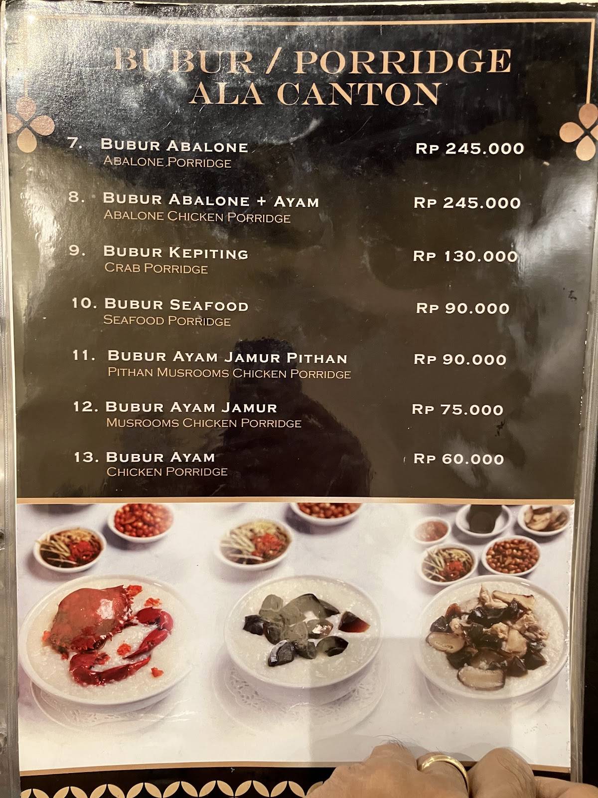 Menu at Bubur Kwangtung restaurant, South Jakarta, Jl. Wolter ...