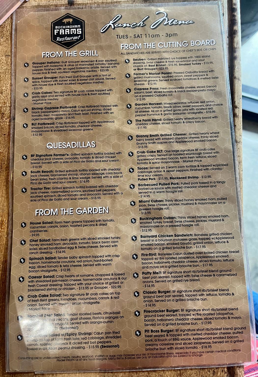 Menu at Buckingham Farms restaurant, Fort Myers, Orange River Blvd