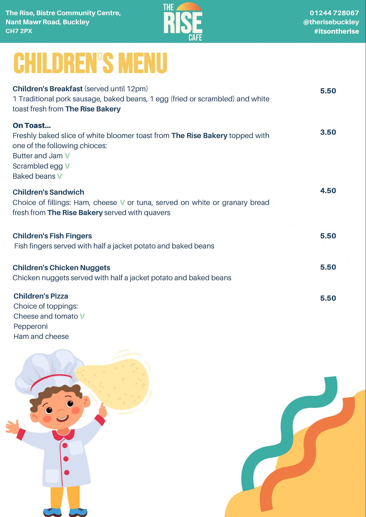 Menu at The Rise cafe, Buckley