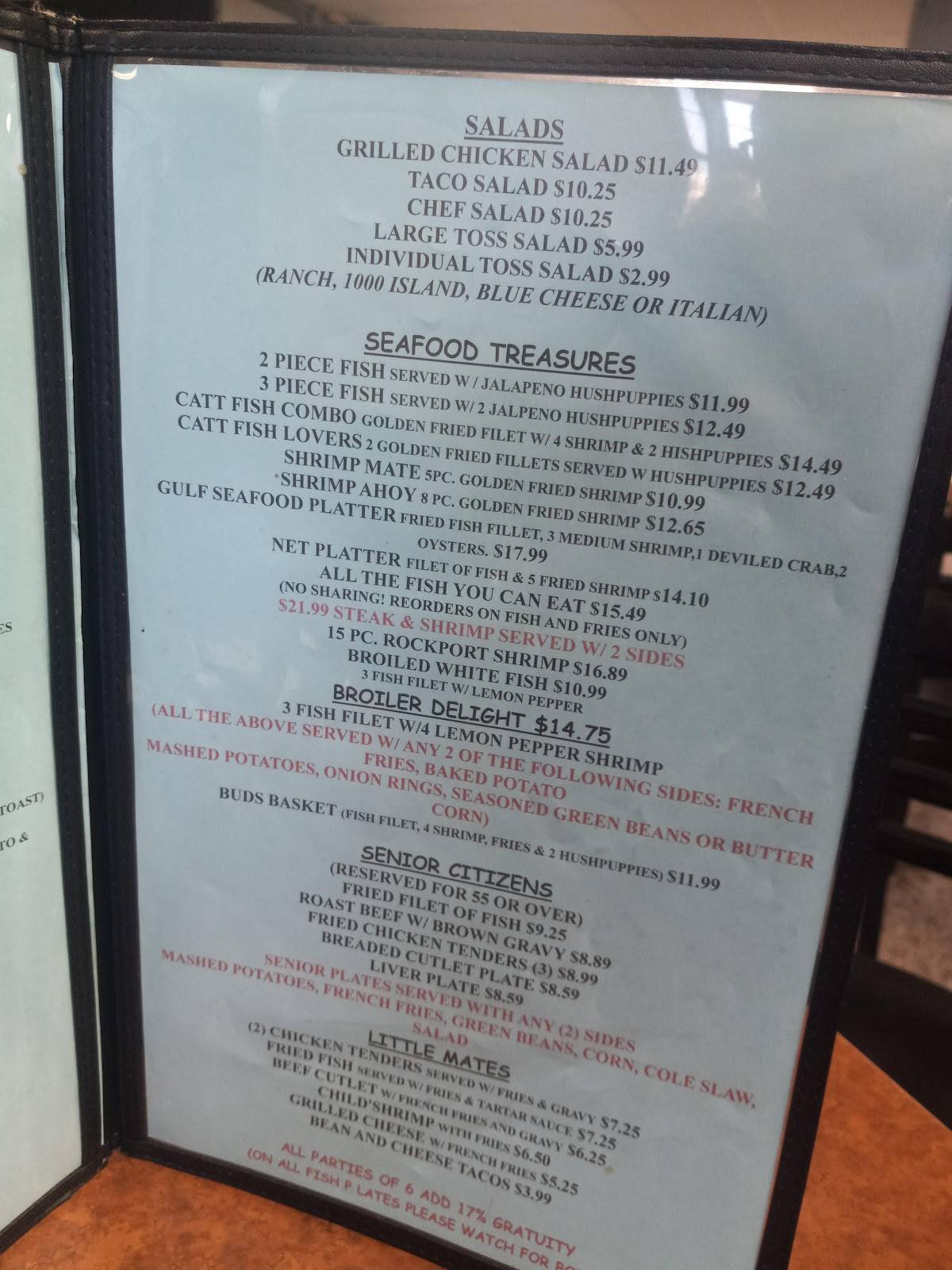 Menu at Bud Jones Restaurant, San Antonio