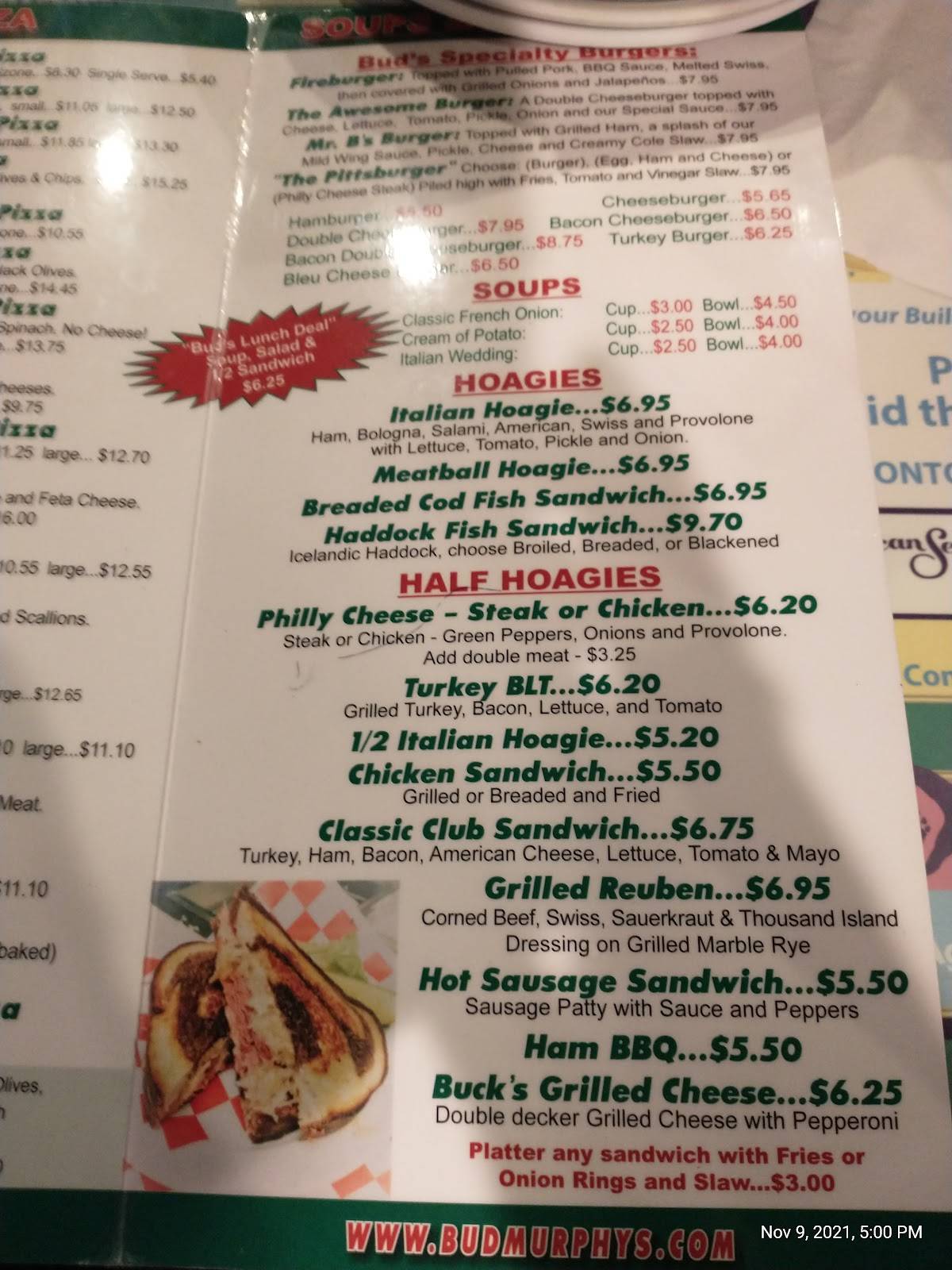 Menu at Bud Murphy's pizzeria, Connellsville